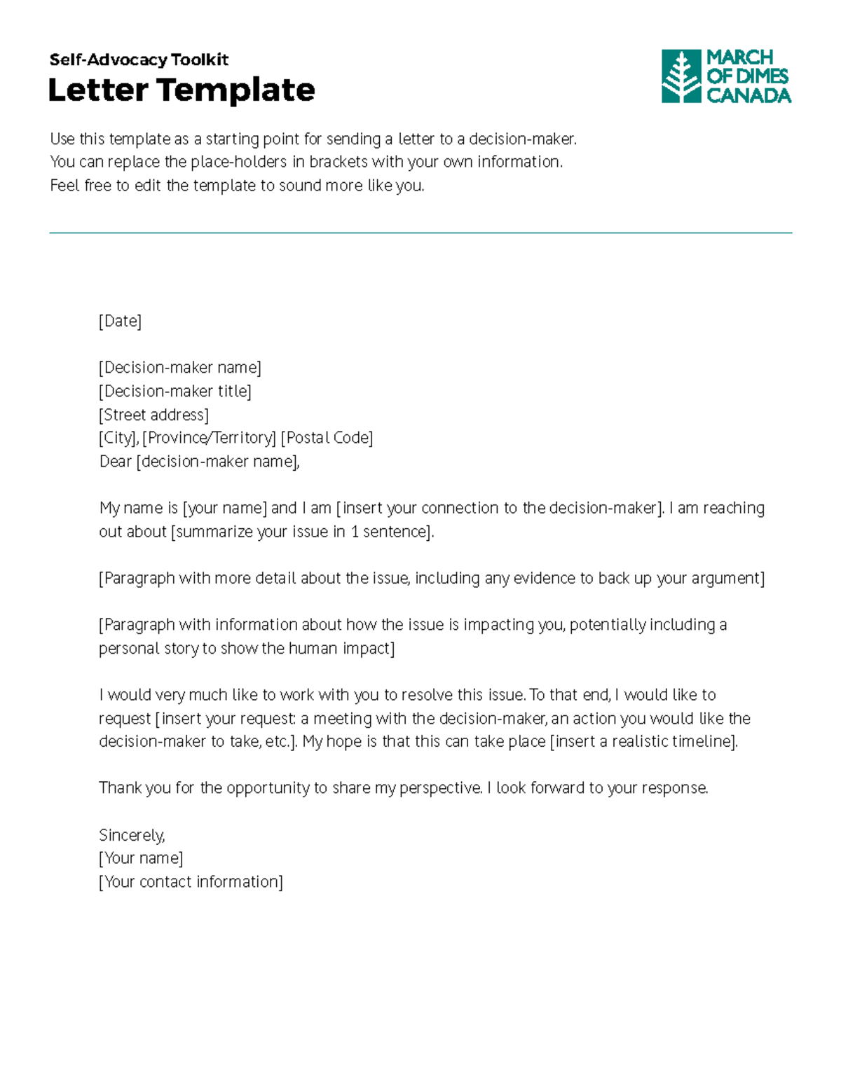 Advocacy-Letter-Template - Self-Advocacy Toolkit Letter Template Use ...