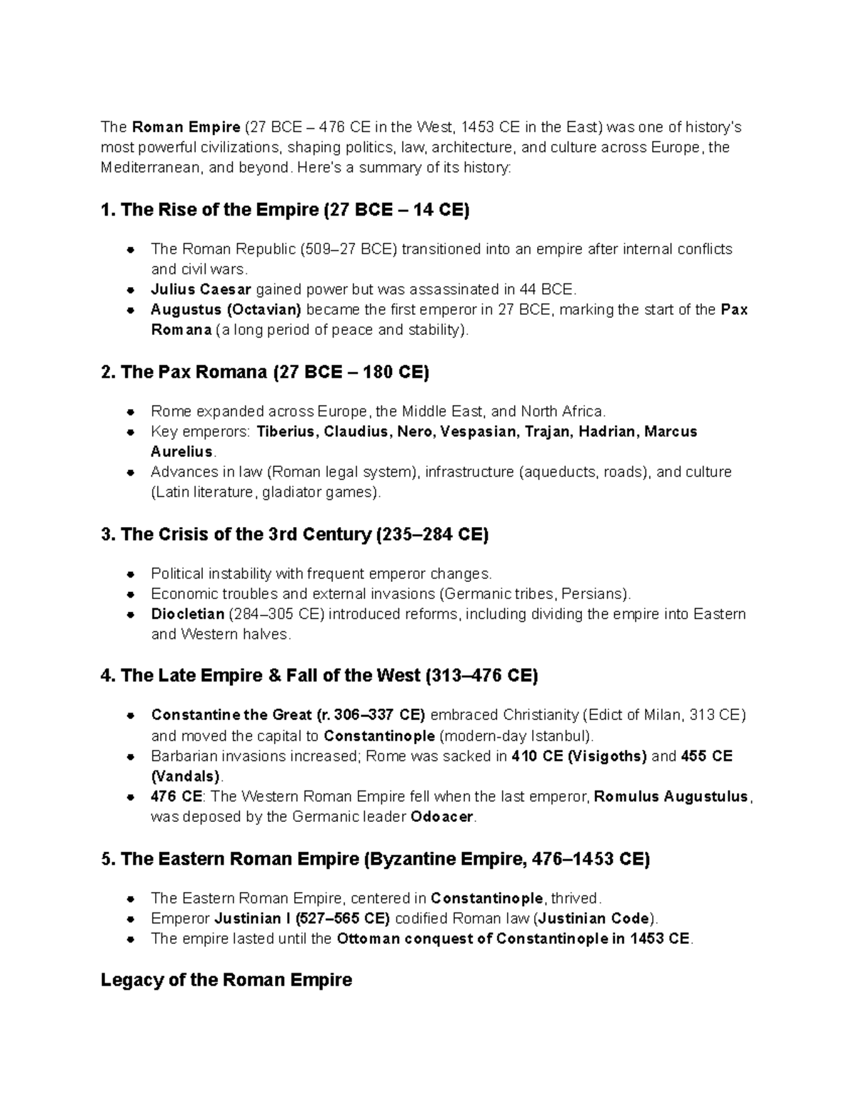 Brief History of the Roman Empire (27 BCE – 476 CE) Summary - Studocu