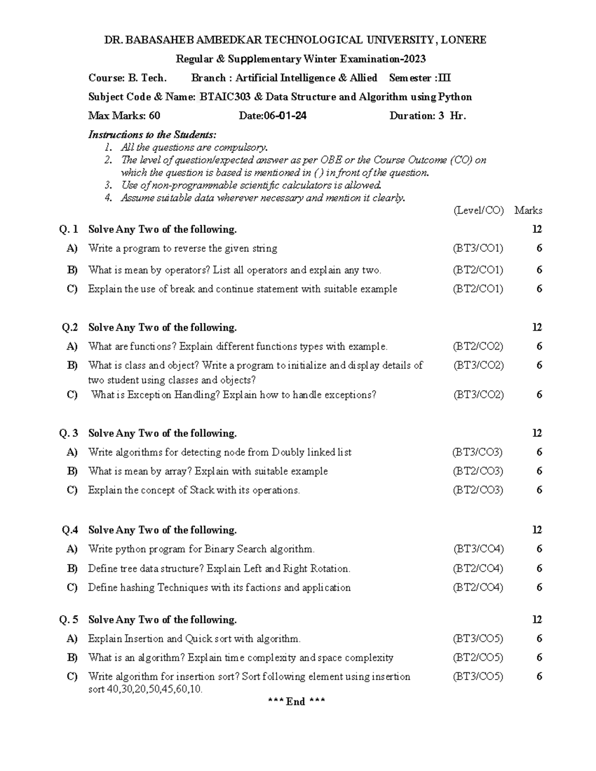 BTAIC303 Data Structure & Algorithm Using Python - Winter Exam Guide ...