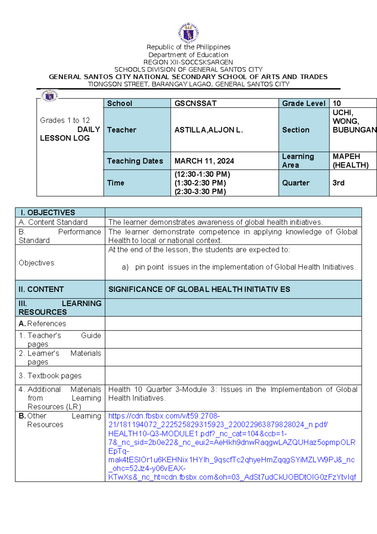 LP3-Health - Q3 Lesson Plan: Global Health Issues & Implementation ...