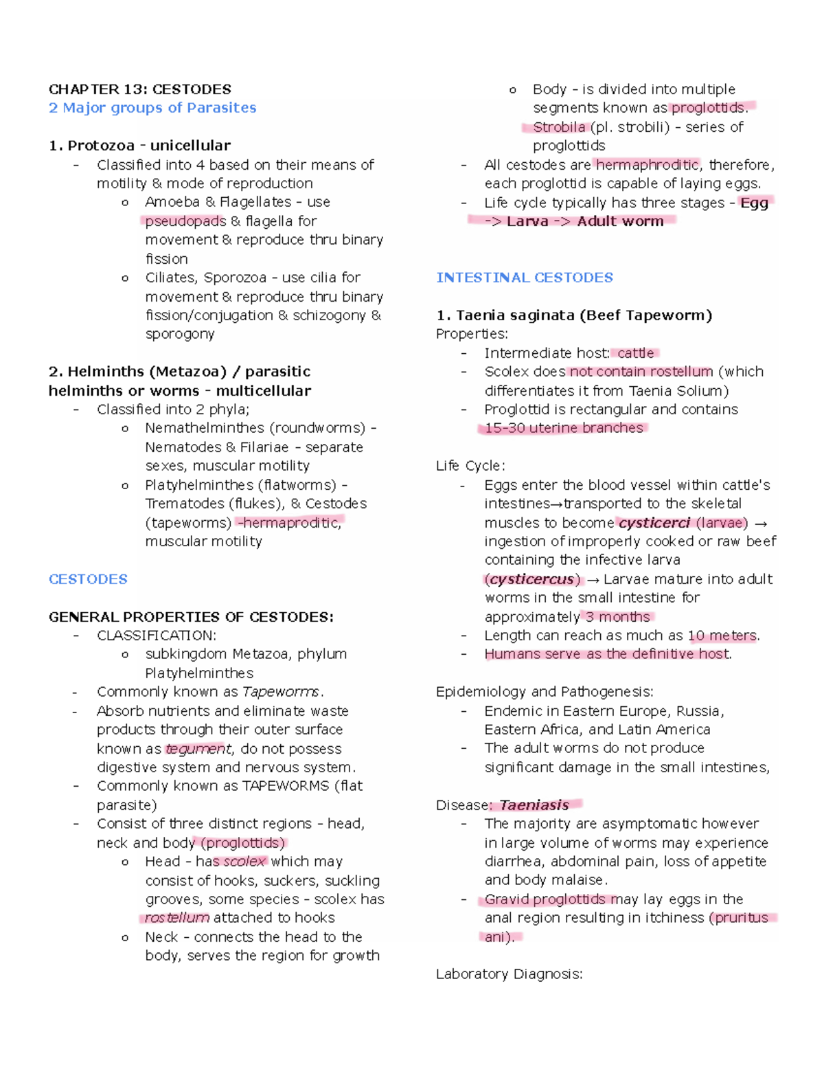 Microbiology: Chapter 13 - Cestodes and Their Properties - Studocu