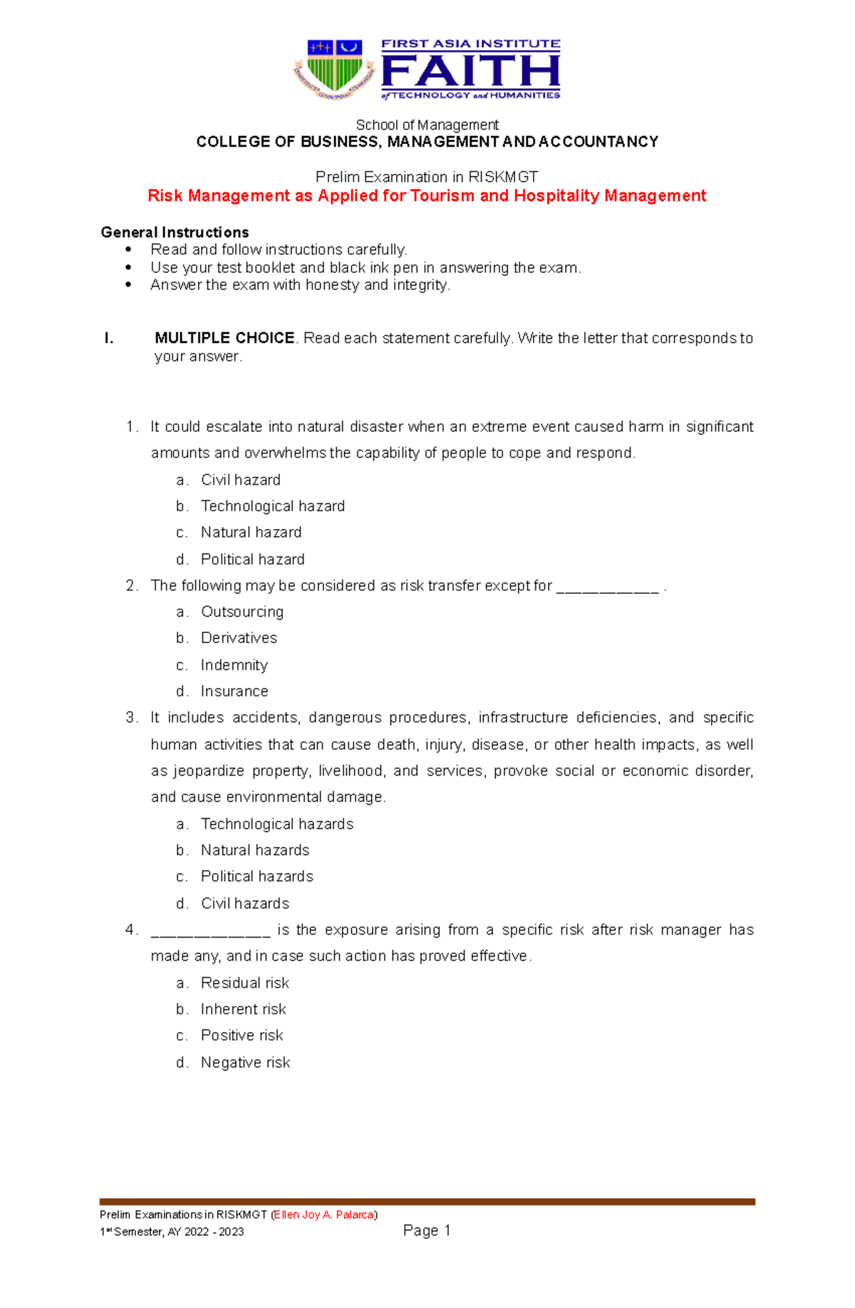 Riskmgt-Prelim-Exam Notes: Key Concepts in Risk Management - Studocu