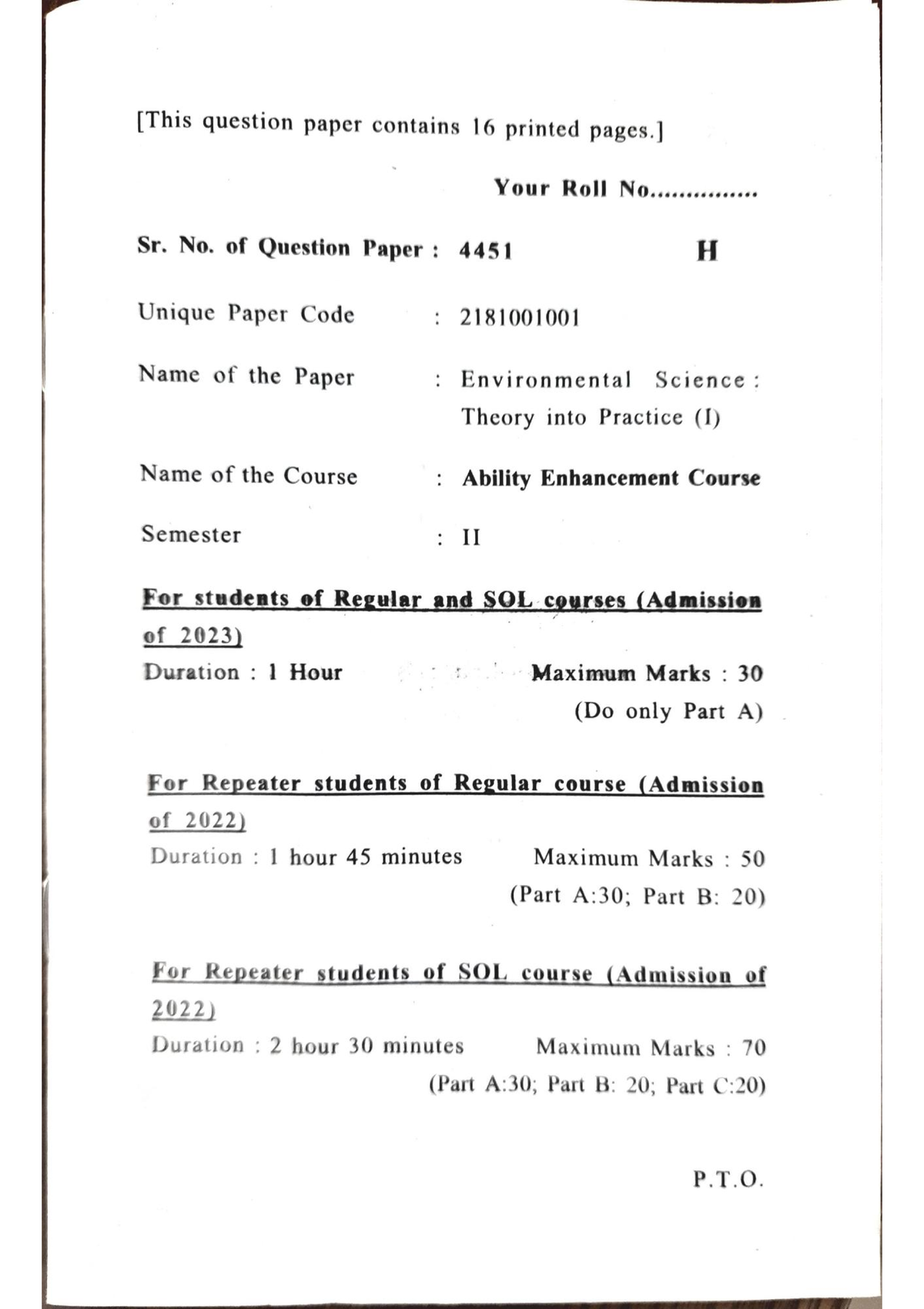 EVS Question Paper: Environmental Science Theory into Practice (I ...