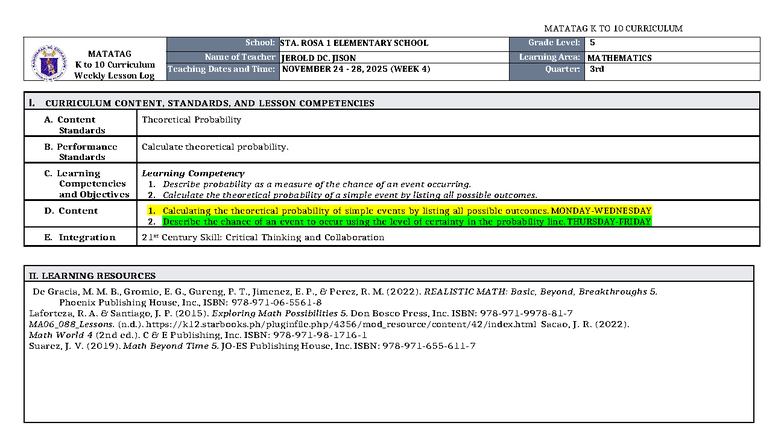 DLL Matatag Mathematics 5 Q3 W4 - MATATAG K to 10 Curriculum Weekly ...
