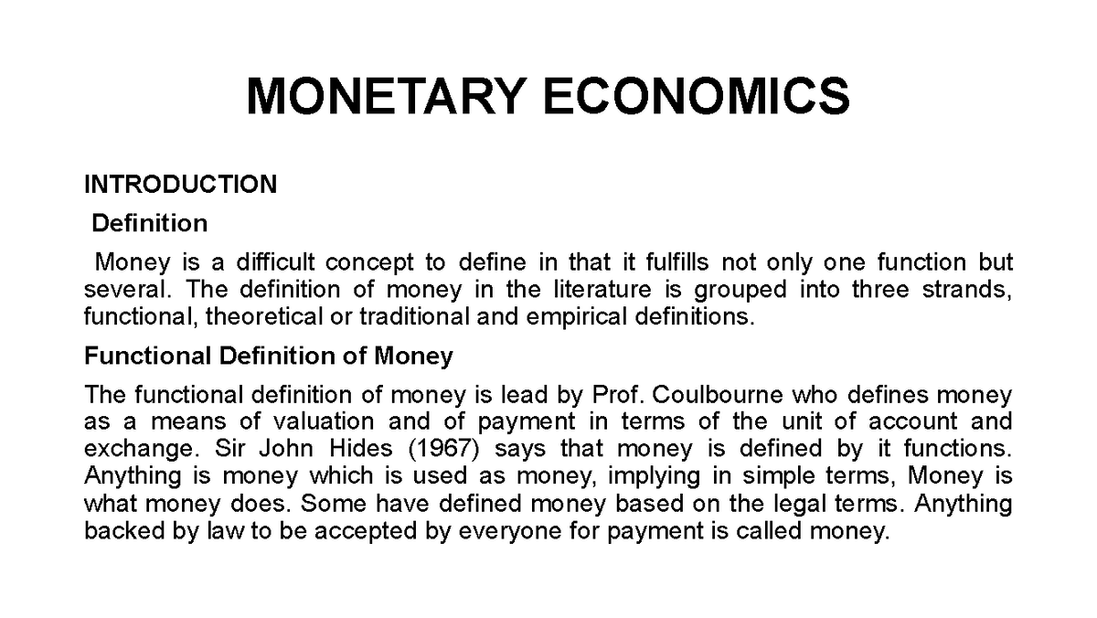 Monetary Economics HBE 2212 Comprehensive Presentation Notes - Studocu