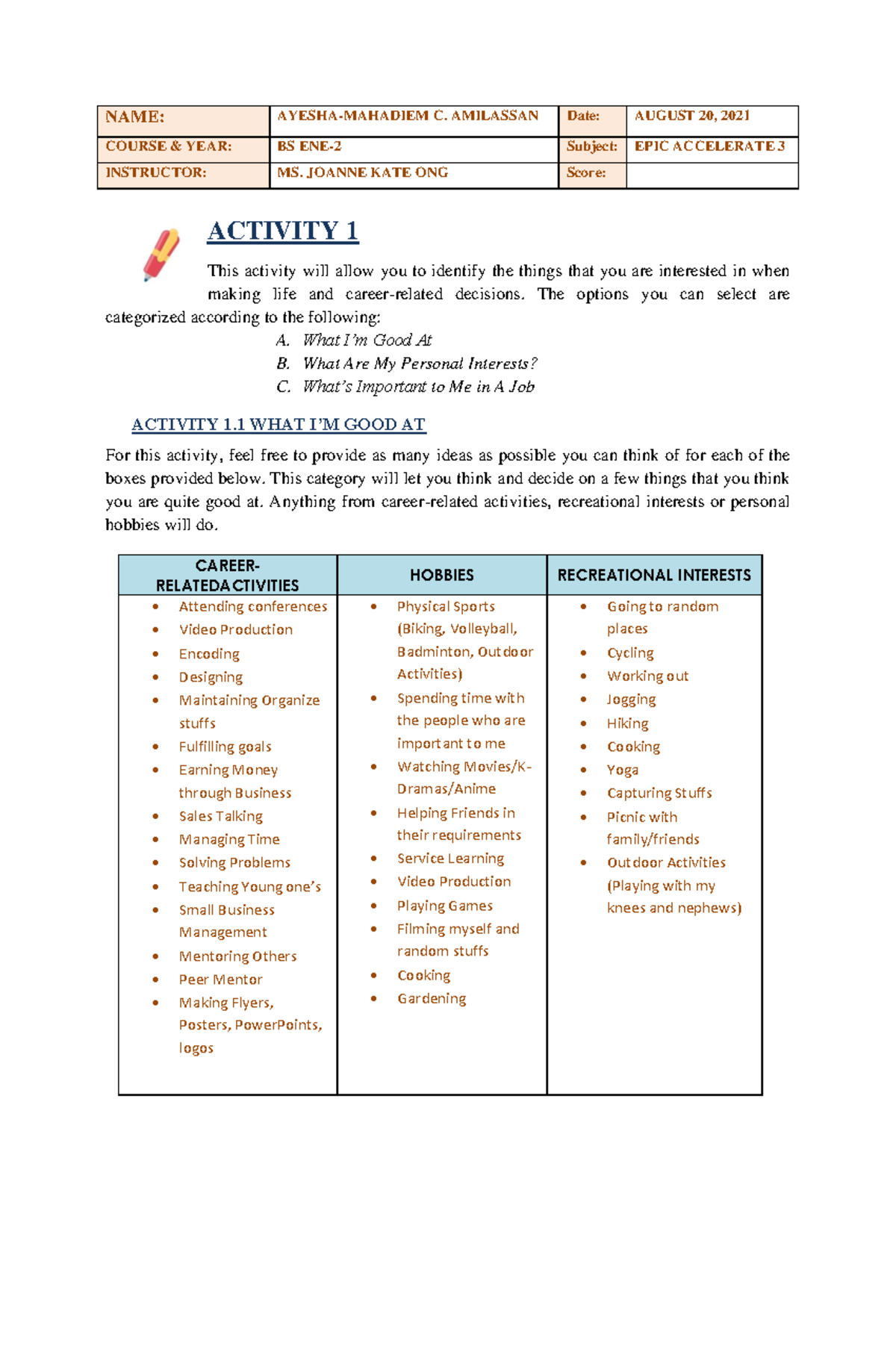 Activity 1 Overview for EPIC ACCELERATE 3 (BS ENE-2) - Studocu