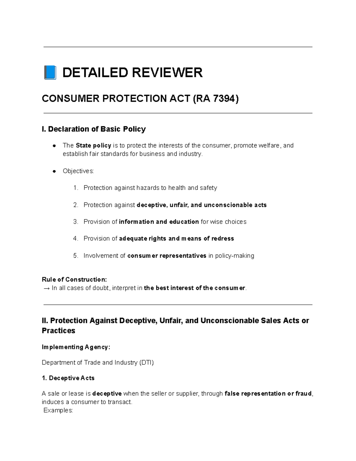 Consumer Protection Act & Lemon Law (RA 7394 & RA 10642) Overview - Studocu