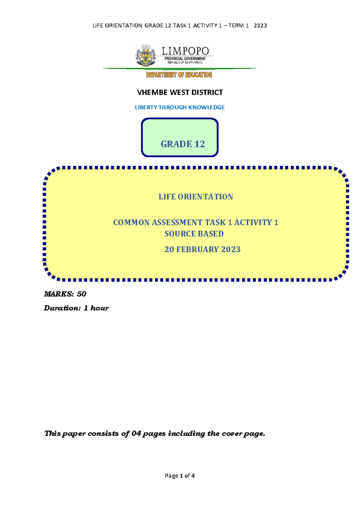Grade 12 LO TASK 1: Activity 1 Question Paper (QP) - Studocu