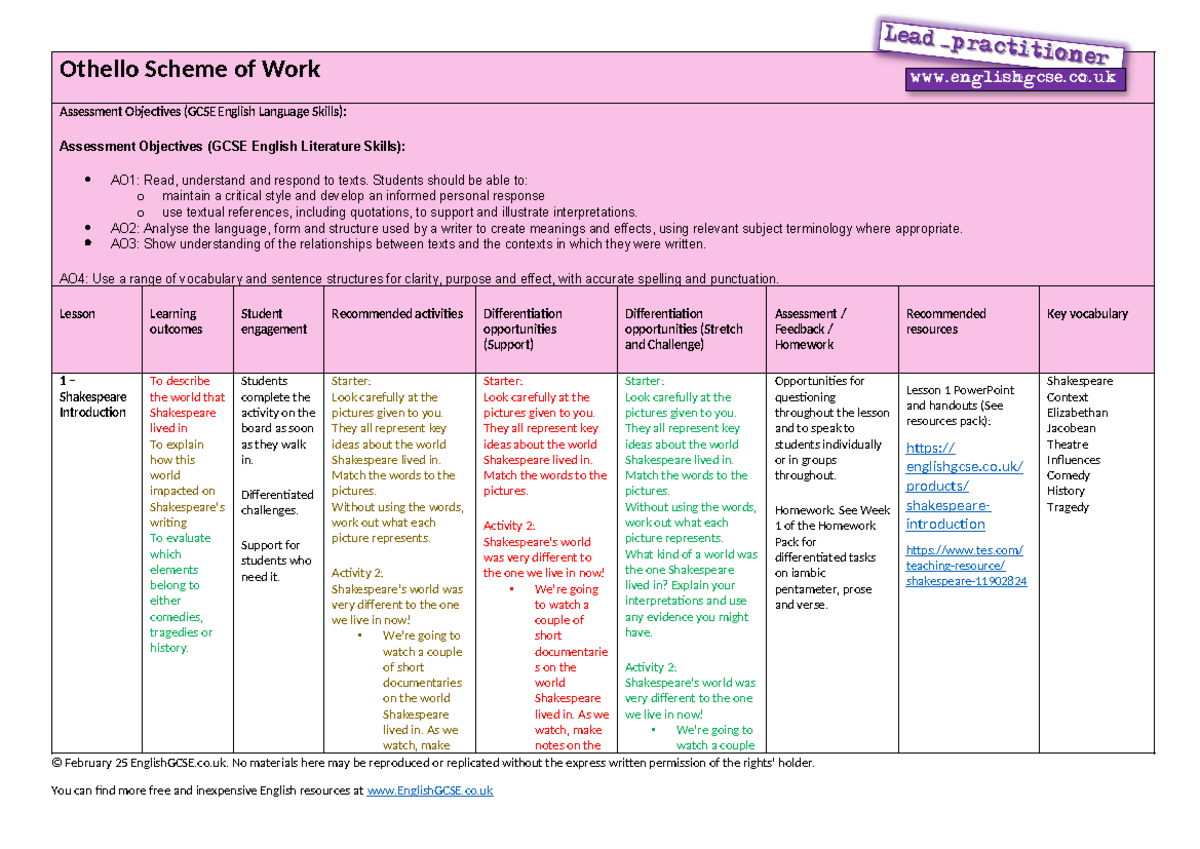 Othello - Scheme of Work for GCSE English (Overview & Activities) - Studocu