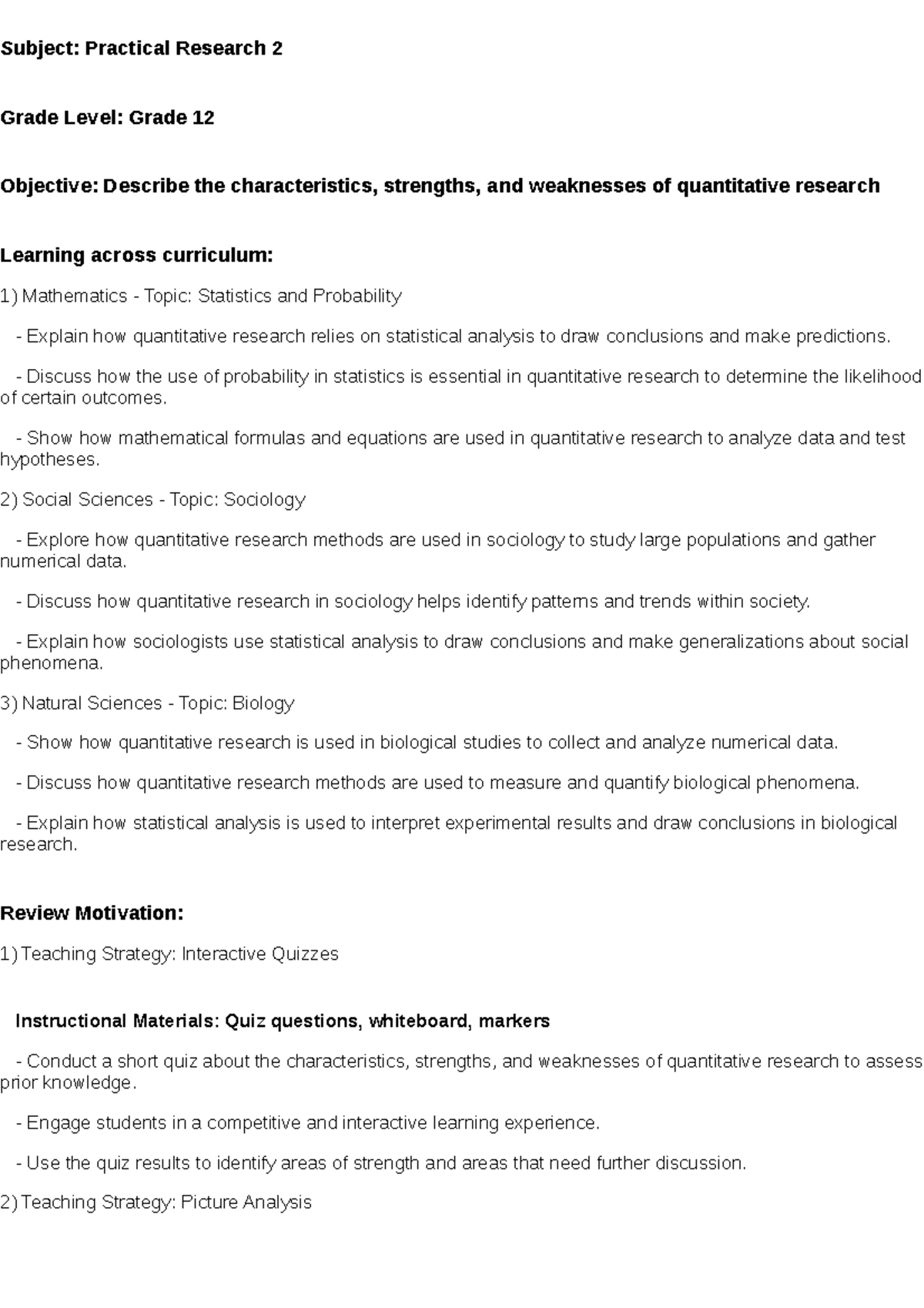 Lesson plan - Practical Research 2 - Subject: Practical Research 2 ...