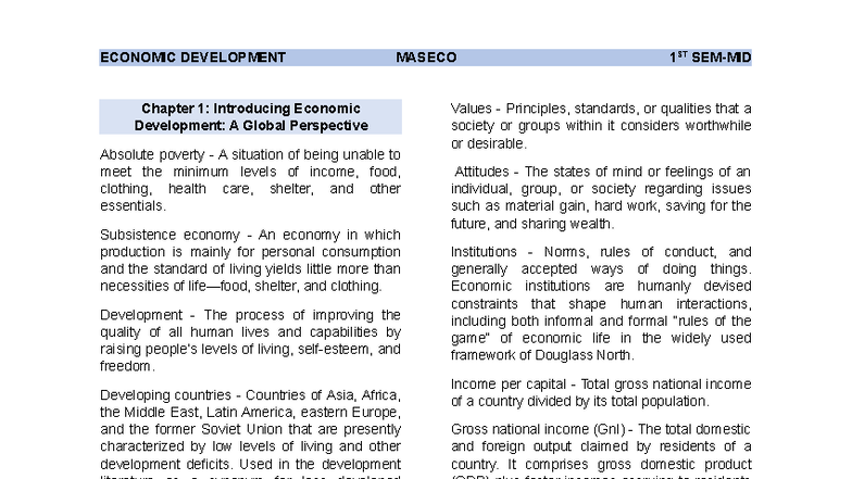 ECONOMIC DEVELOPMENT MASECO Chapter 1: Global Perspectives on Economic ...