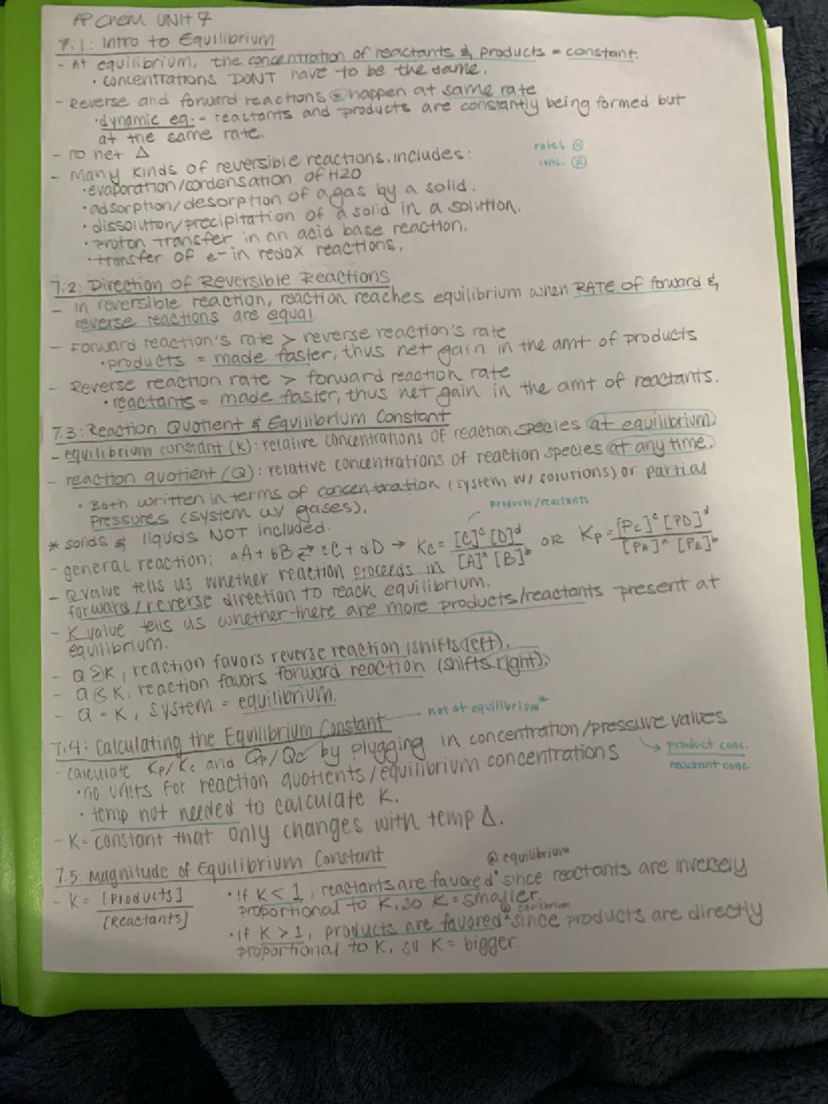 Unit 7 Notes for AP CHEM: Introduction to Equilibrium Concepts - Studocu
