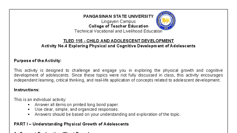 TLED 115 Activity No. 4: Exploring Adolescent Physical & Cognitive Dev ...