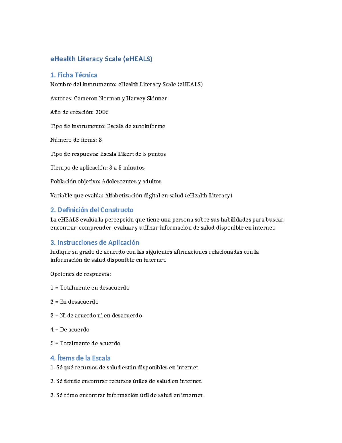 eHealth Literacy Scale (eHEALS) - Instrumento y Aplicación - Studocu