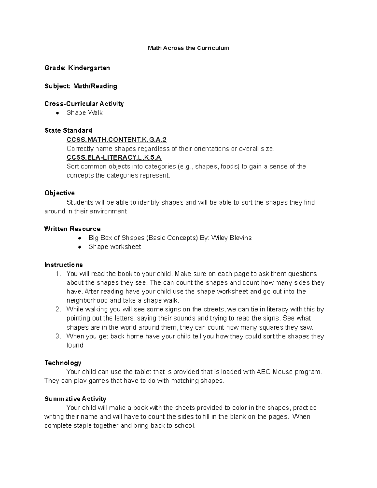 ECE 455 Activity: Math & Shapes Walk for Kindergarten Learning - Studocu