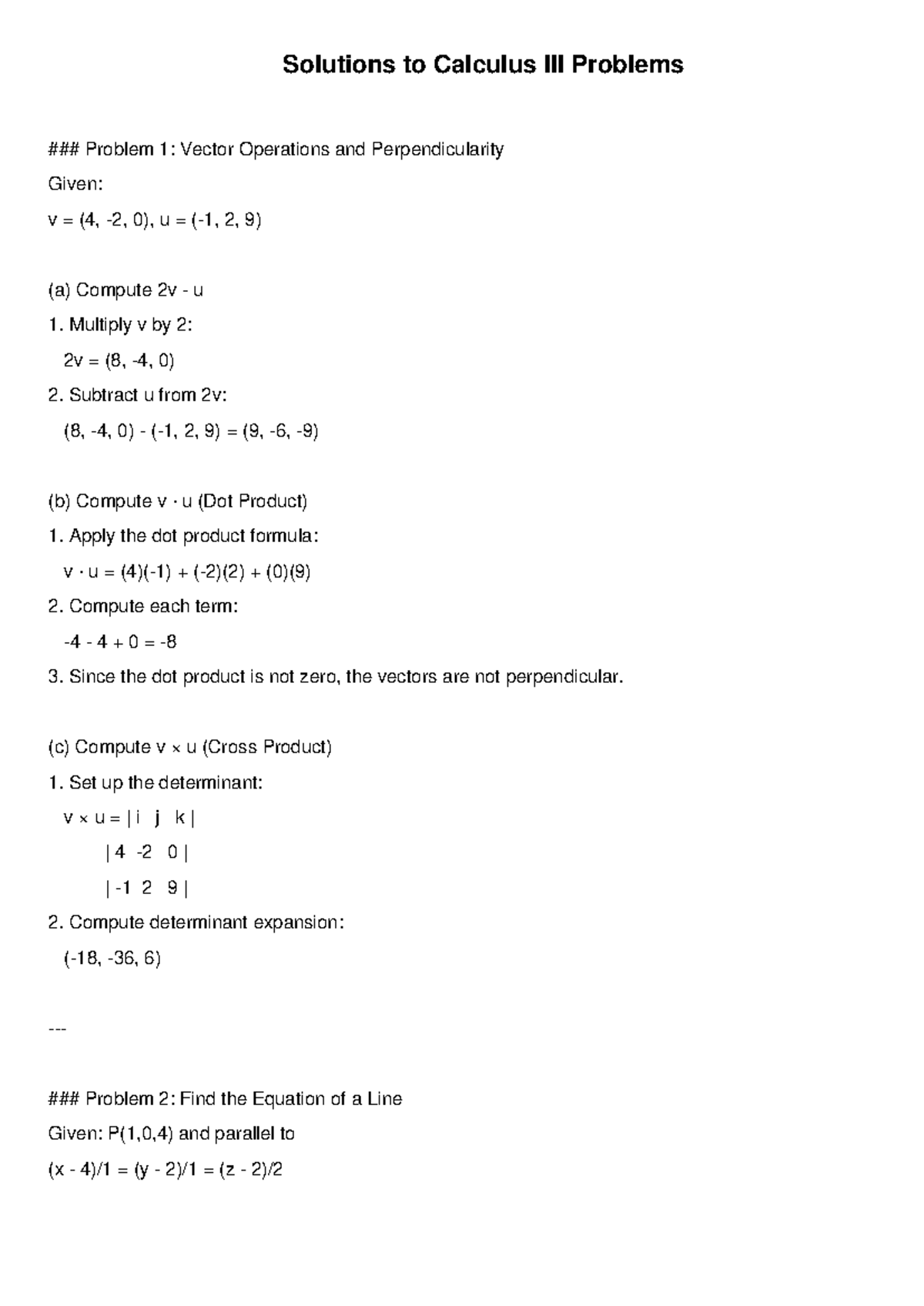 Calculus III Problem Solutions: Vector Operations & Line Equations ...