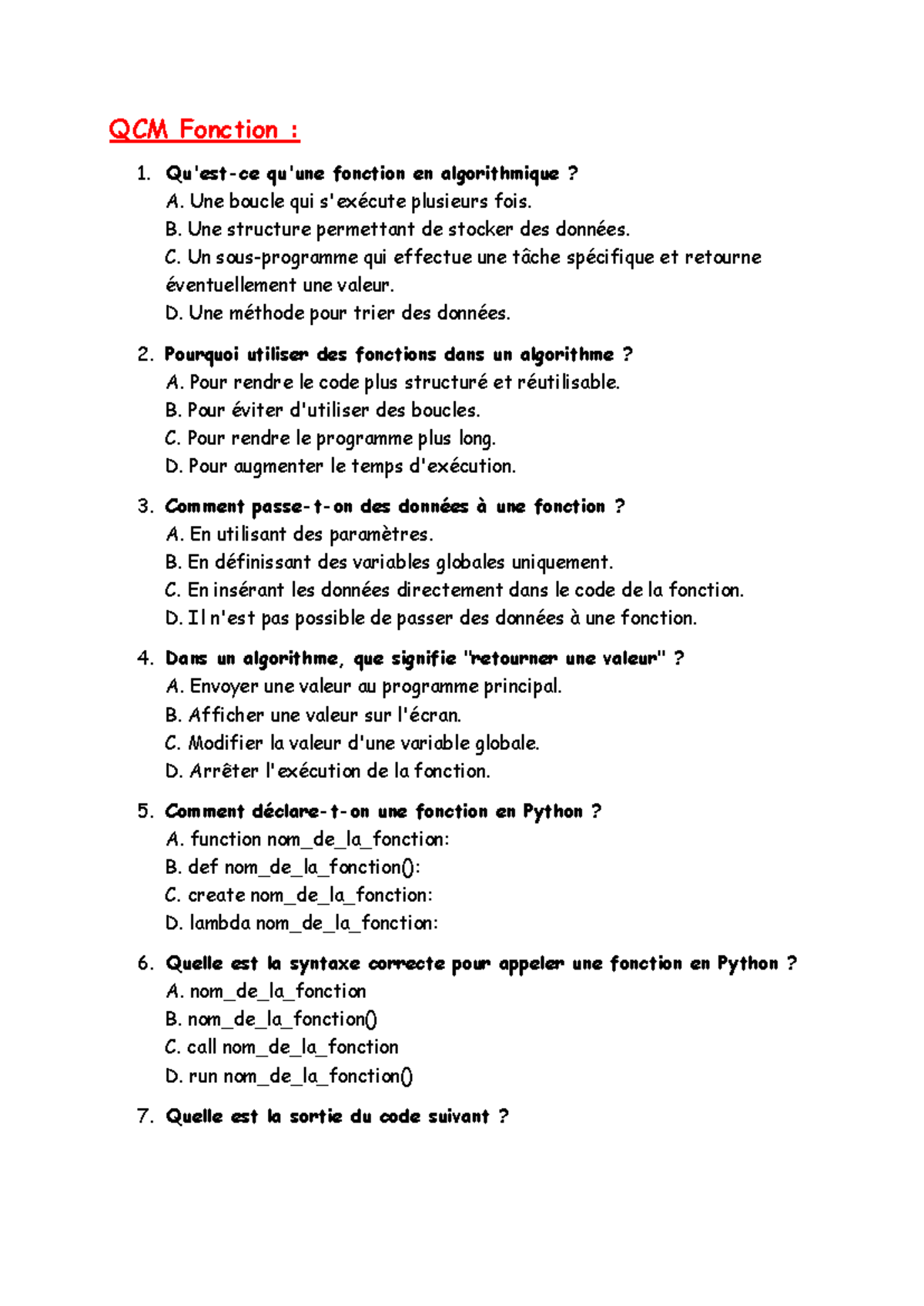 Révision CC : Fonctions en Algorithmique et Python - Studocu