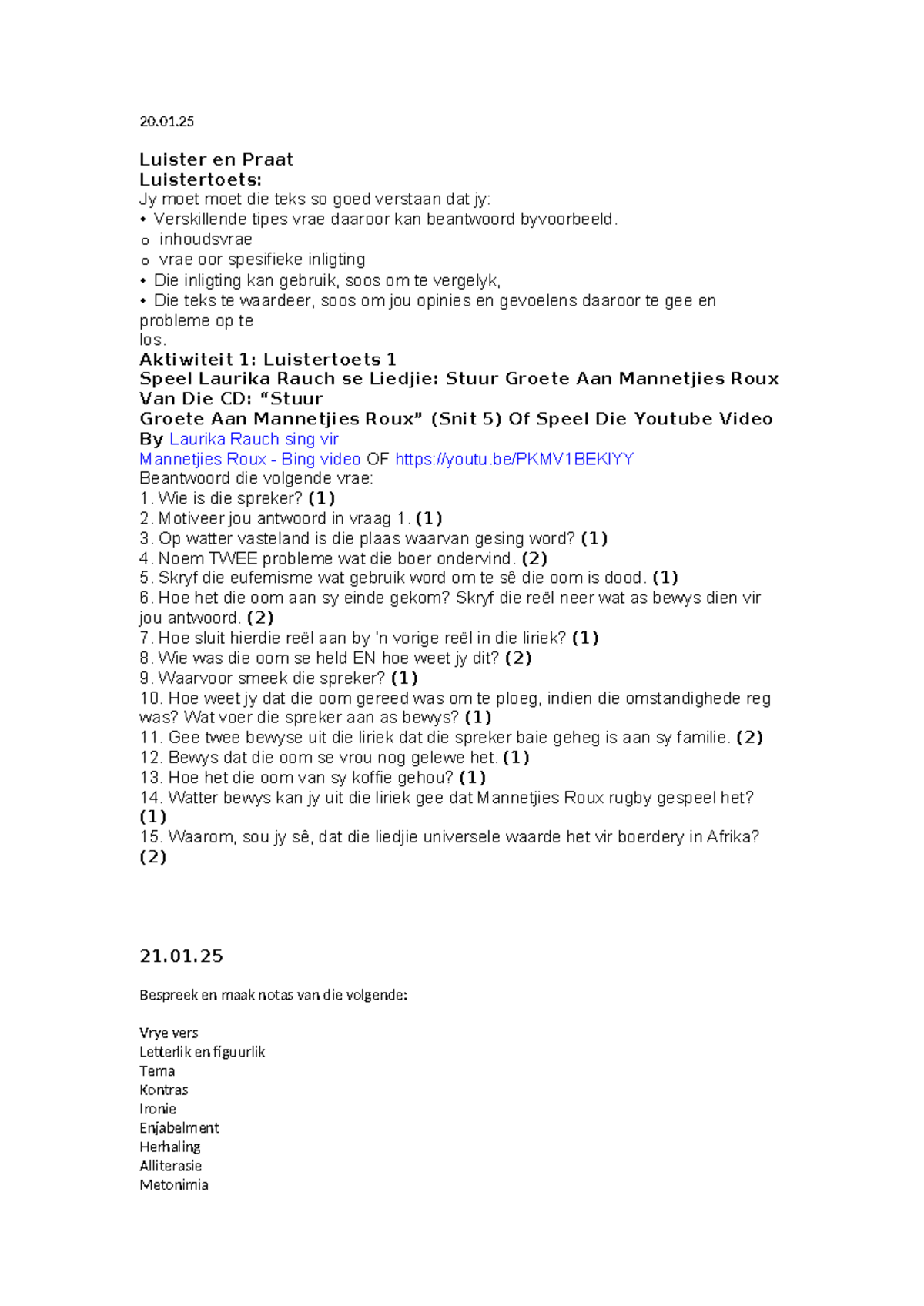 Week 1 - Basiese Planningsaktiwiteite en Luistertoets Vrae - Studocu