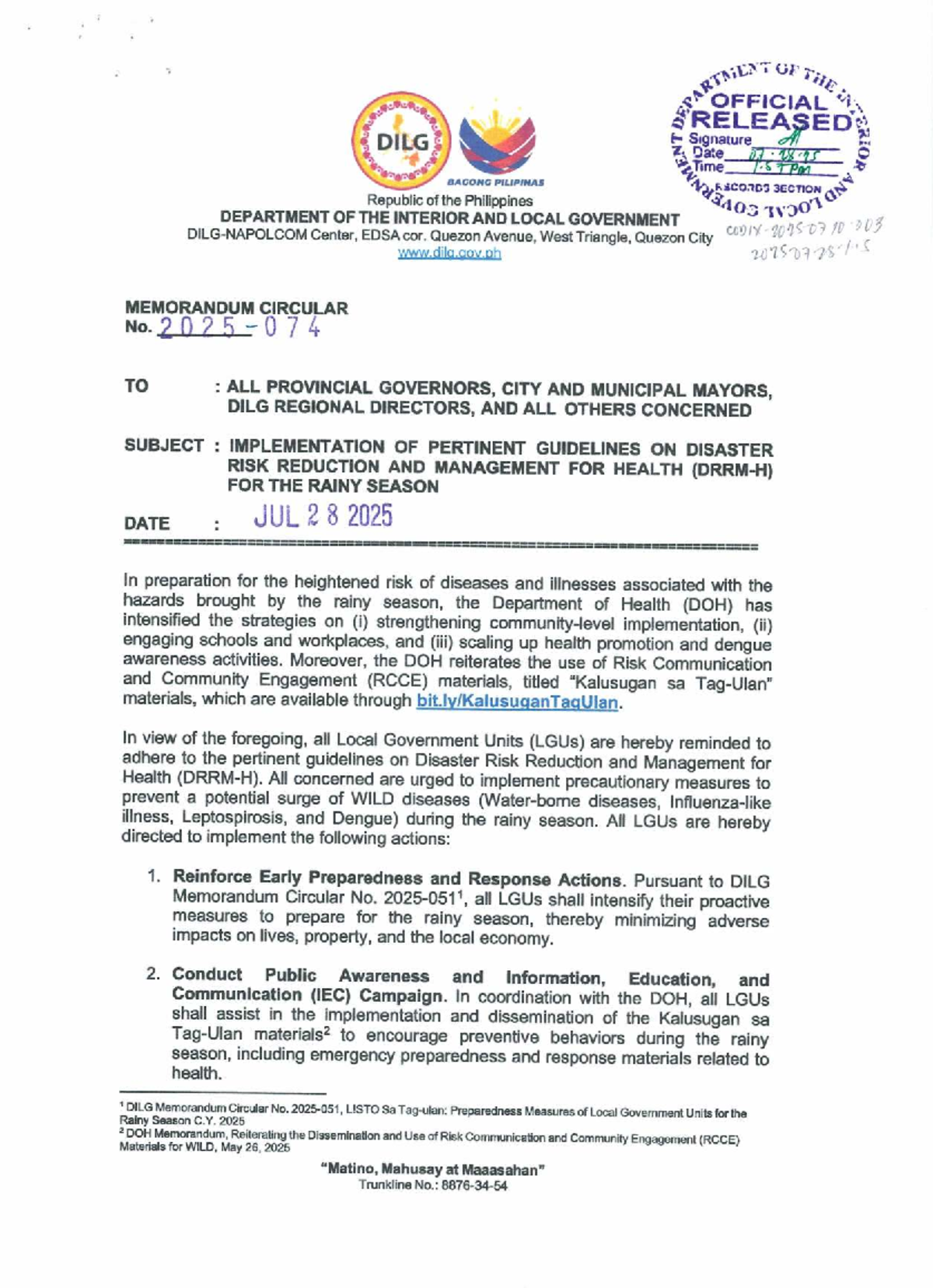 DILG Memorandum Circular No. 2025-728: Guidelines for Rainy Season ...