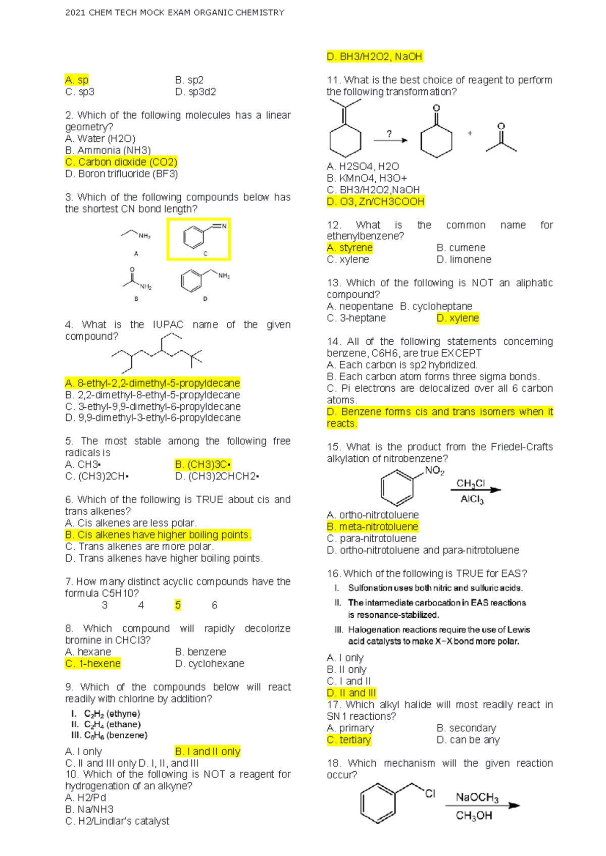 2021 CHEM TECH MOCK EXAM ORGANIC CHEMISTRY ANSWER KEY - Studocu