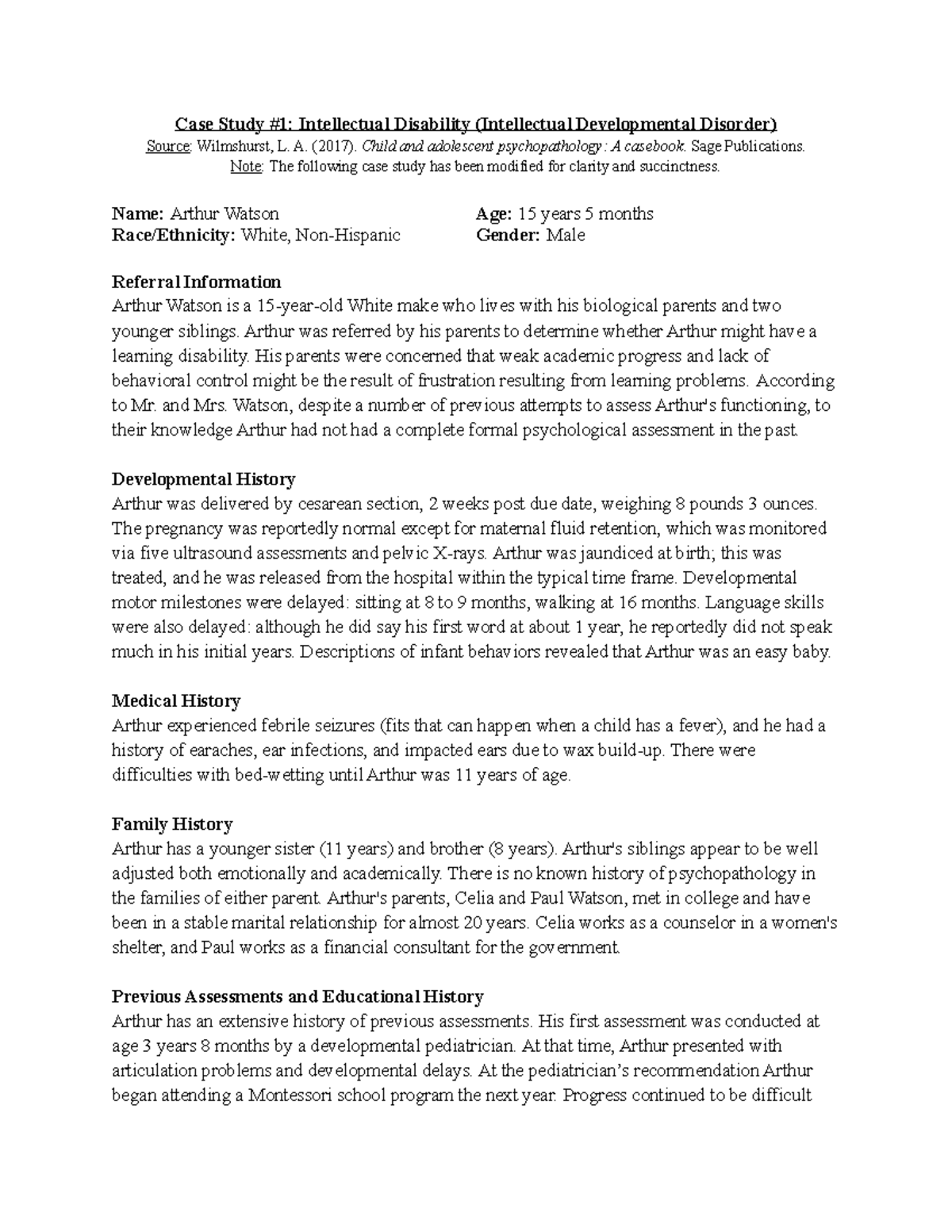 Case Study 1 Arthur Watson PSYCH INTRO - Case Study Intellectual ...