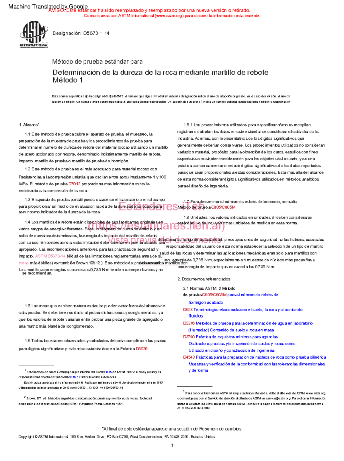 Norma ASTM D5873-14: Método para Determinación de Dureza de Rocas - Studocu