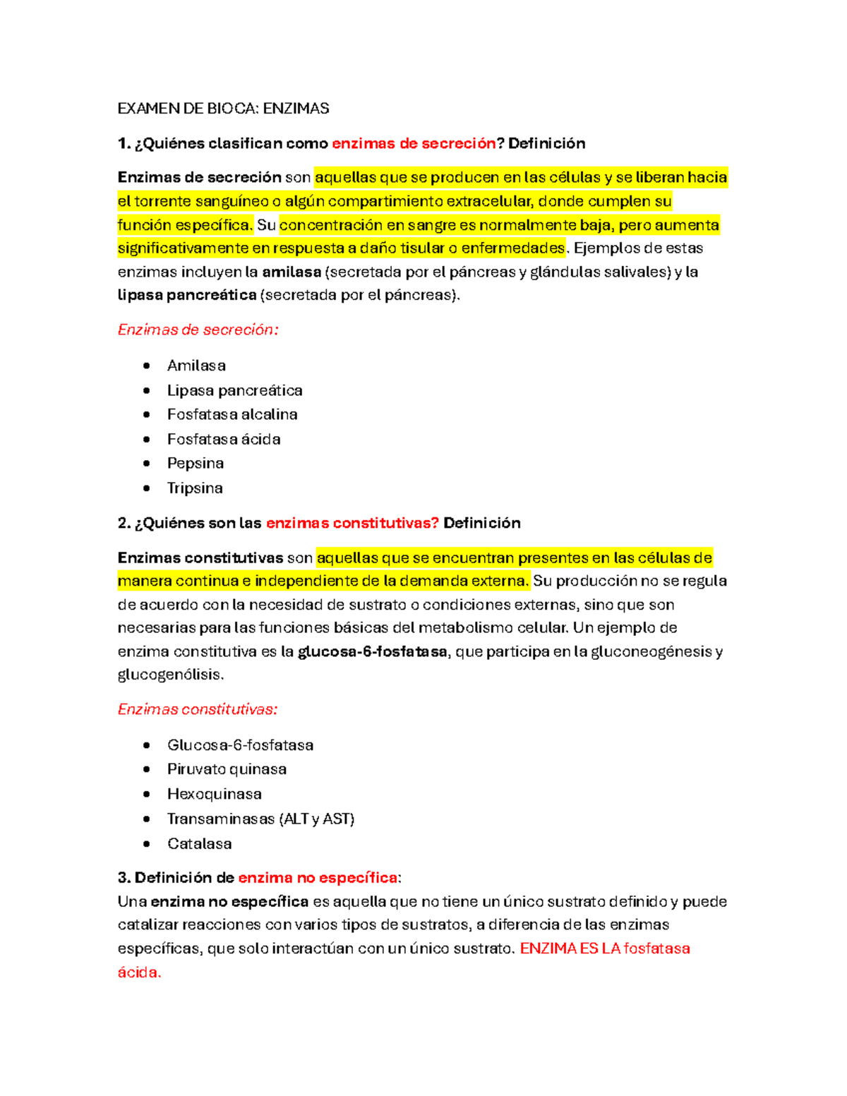Examen DE Bioca Enzimas - EXAMEN DE BIOCA: ENZIMAS ¿Quiénes clasifican como enzimas de secreción ...