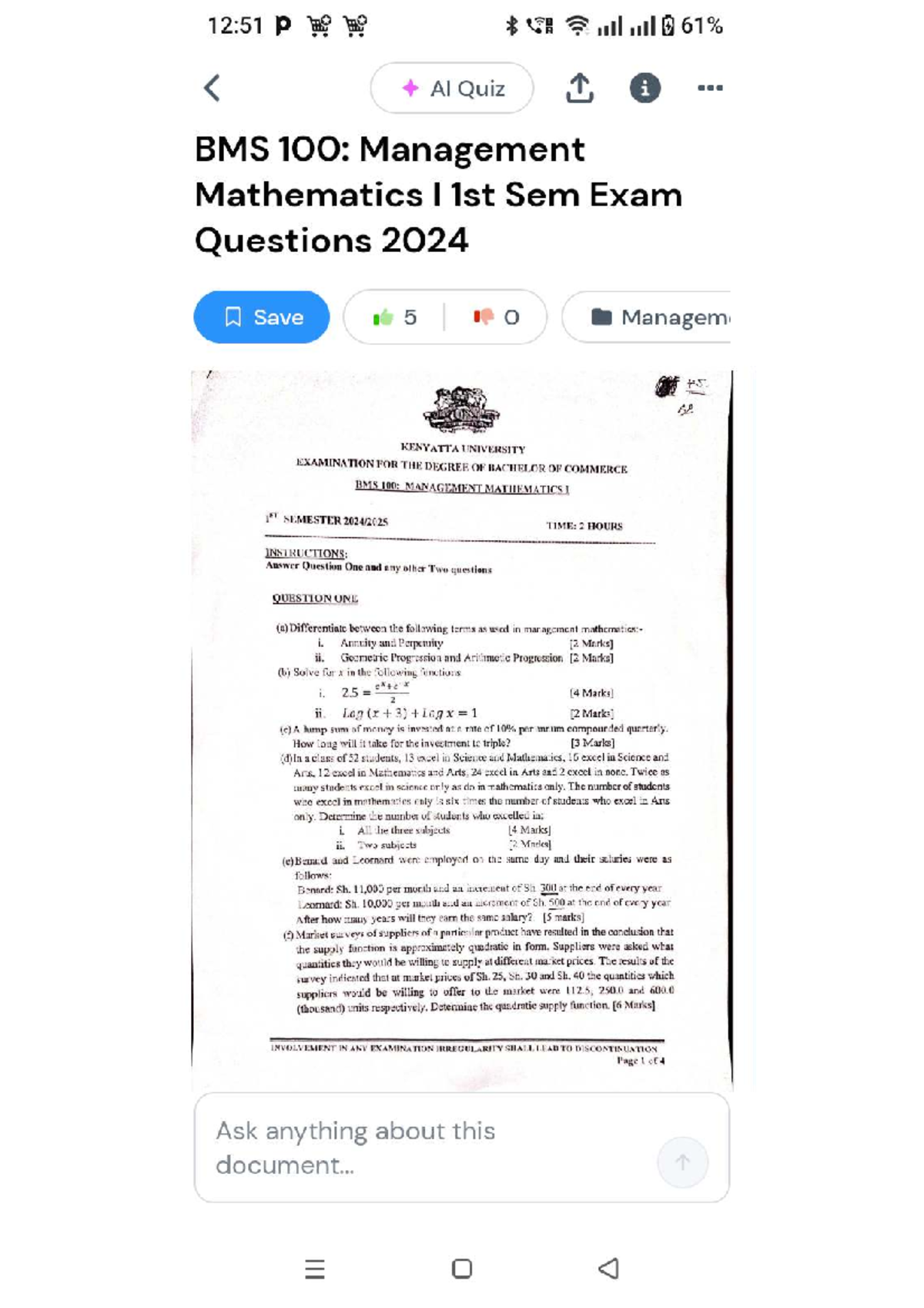 BMS 100: Management Mathematics I 1st Sem Quiz Questions & Solutions ...