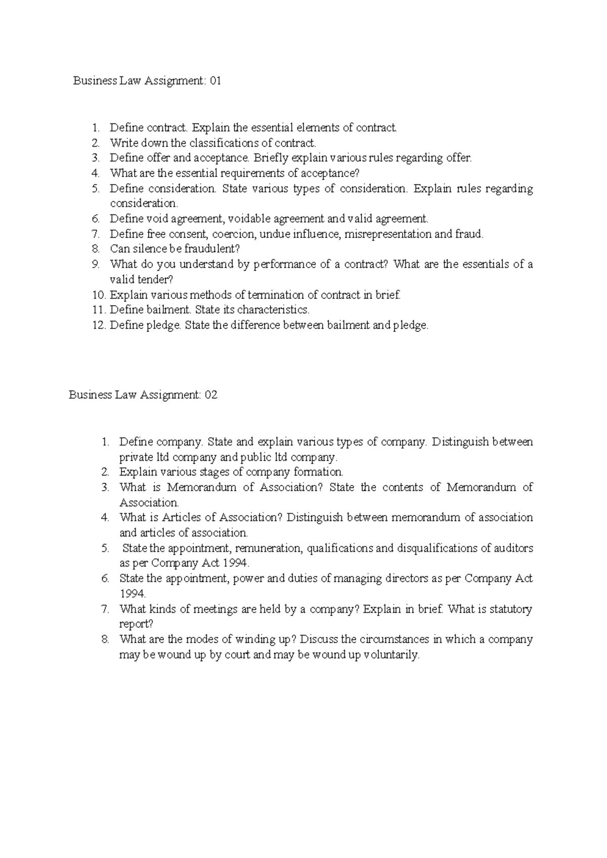 Business Law Assignments (BL 101): Contract Essentials & Company Formation - Studocu
