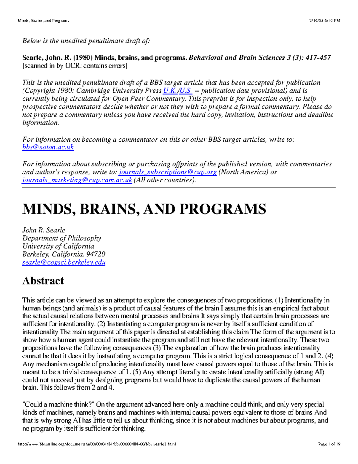 Minds, Brains, and Programs: An Analysis of Searle's Argument on AI ...