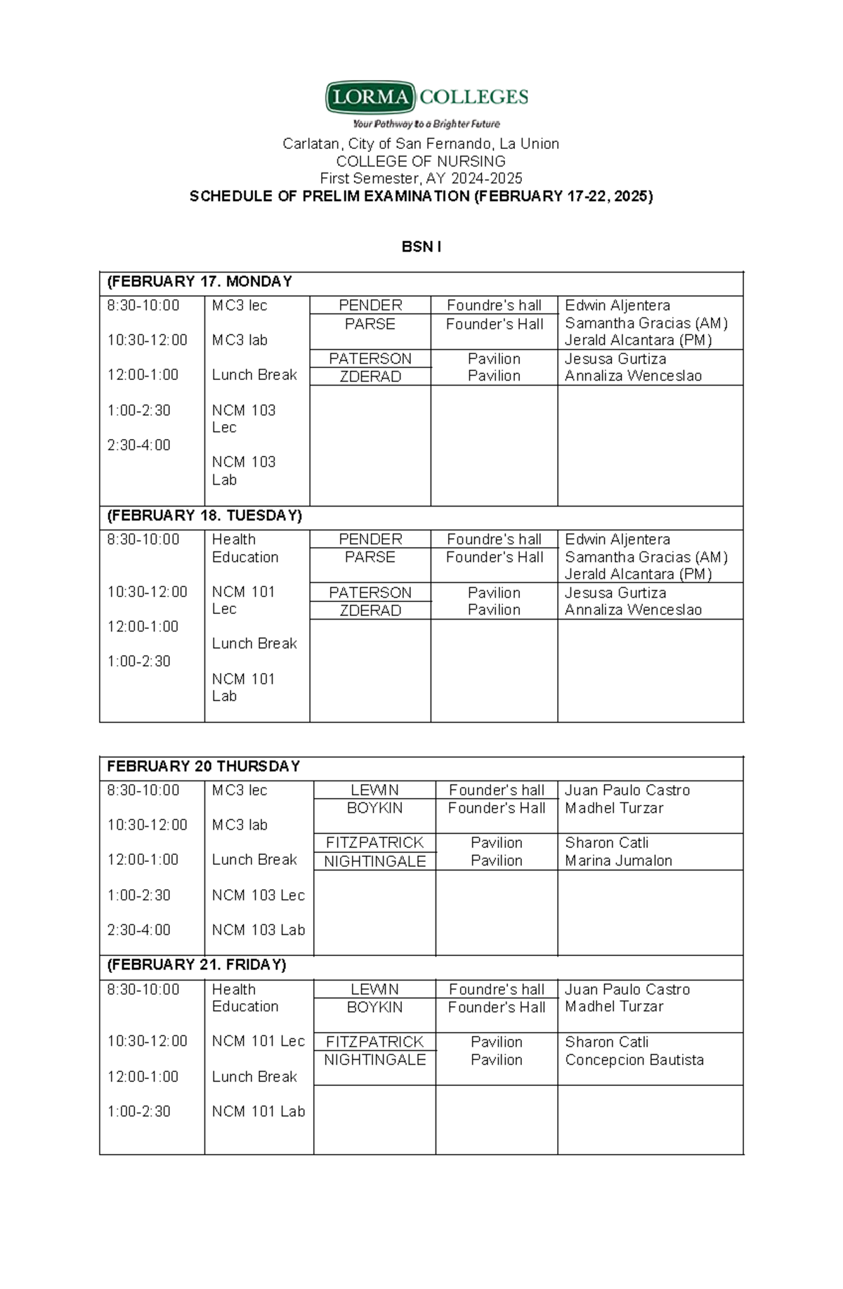 2ND SEM AY 2024-2025 Prelim Exam Schedule for Nursing Students - Studocu