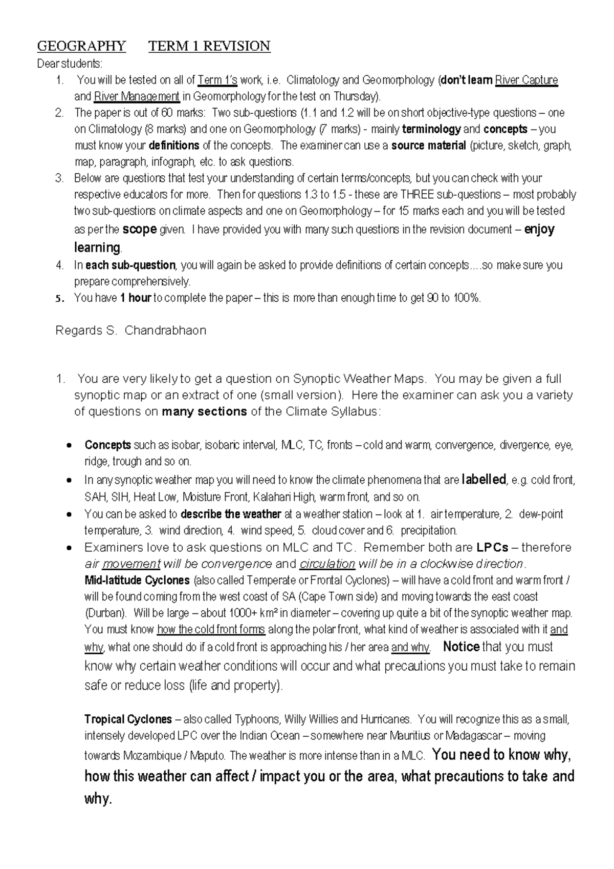 Grade 12 Geography Term 1 Revision Notes: Climatology & Geomorphology ...