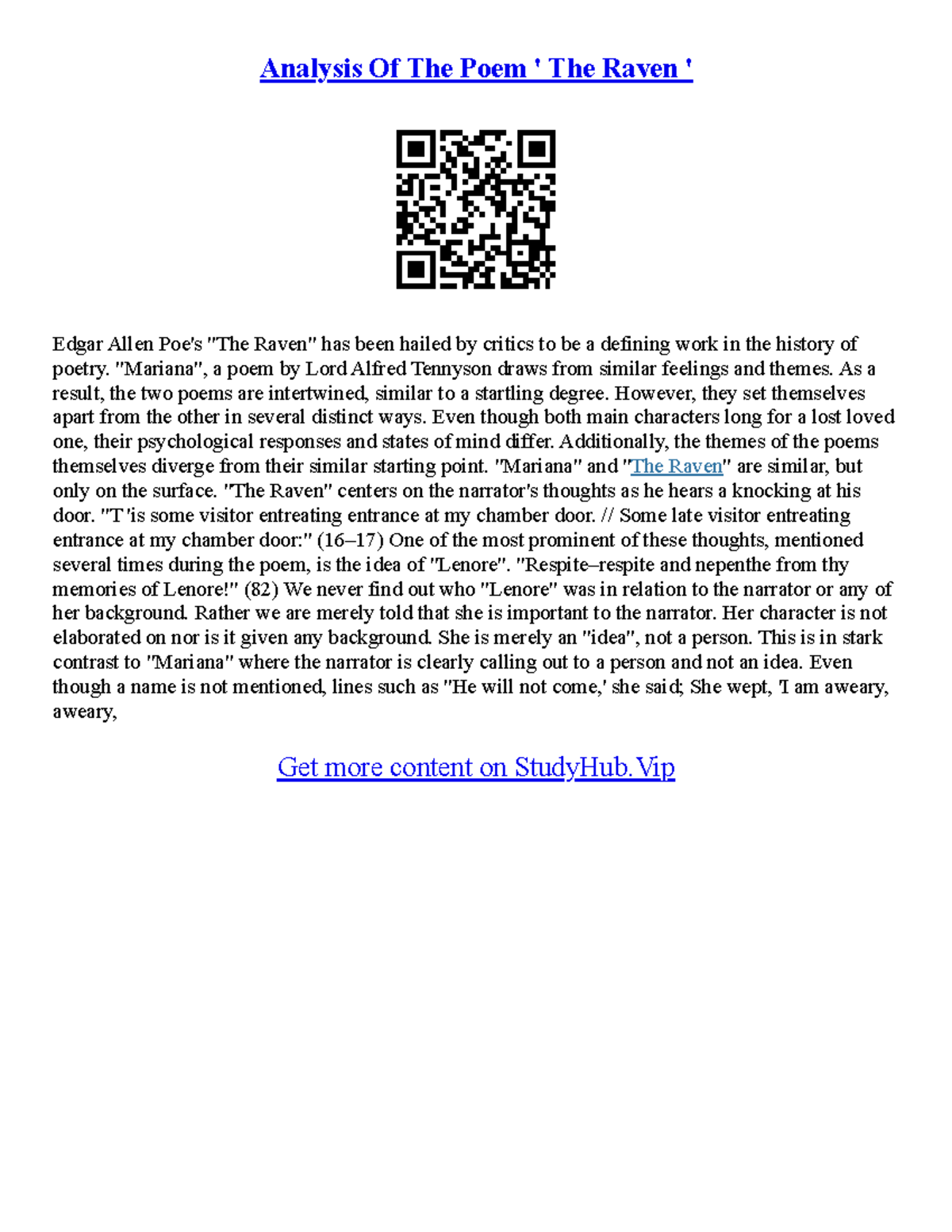 Analysis of Edgar Allan Poe's 'The Raven' Essay (ENG 106) - Studocu