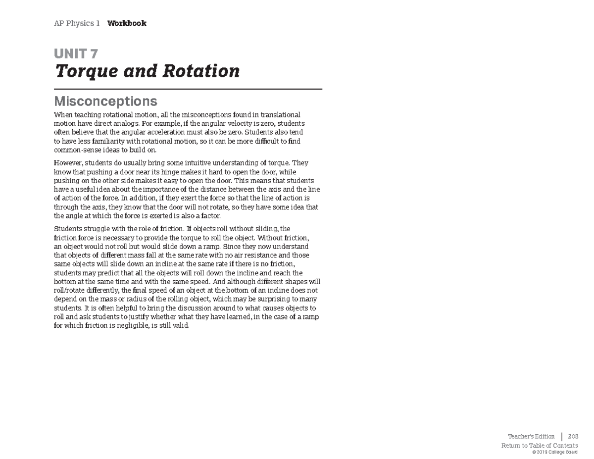 AP Physics 1 Unit 7: Teacher's Edition on Torque and Rotation - Studocu