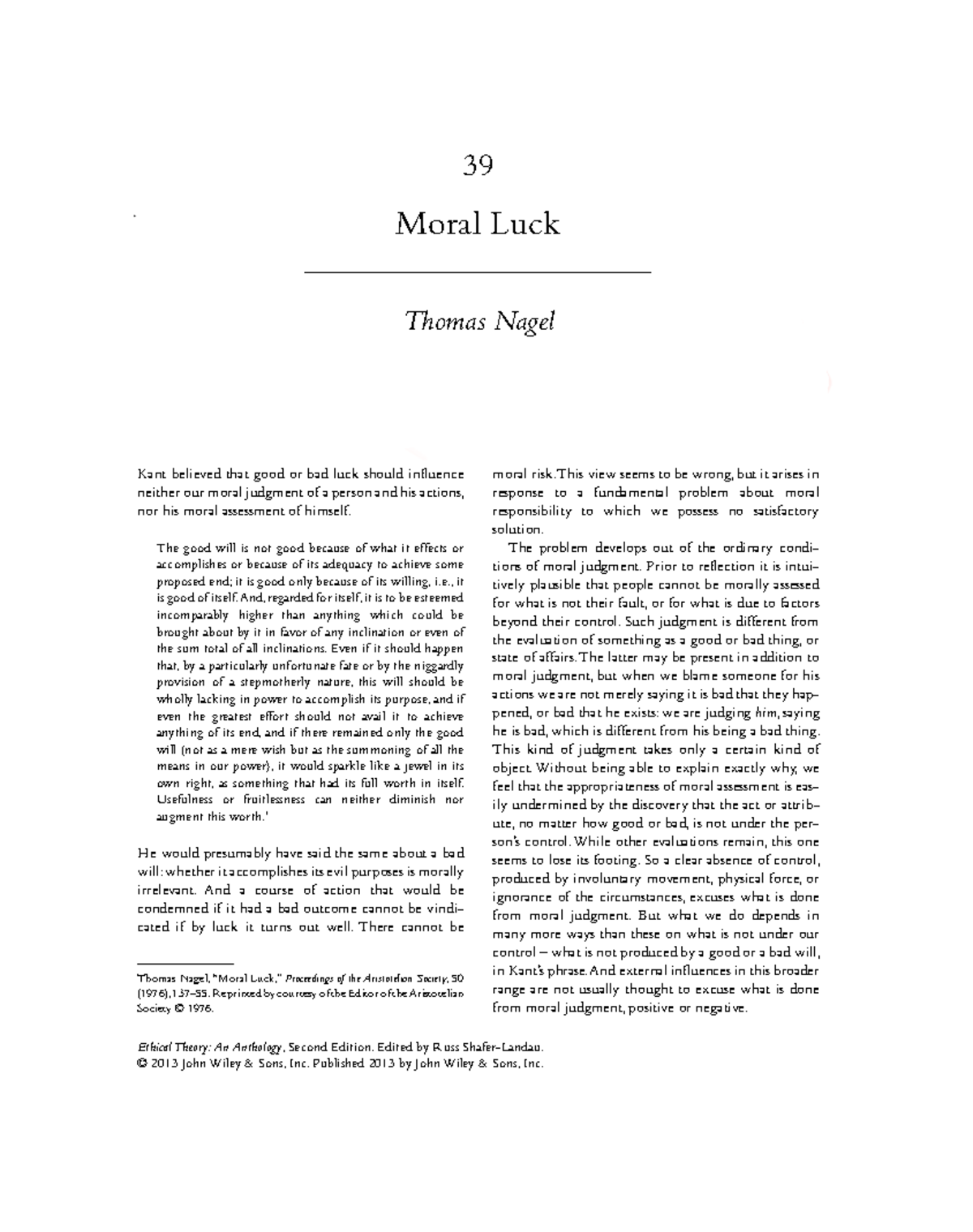 Moral Luck in Ethical Theory: Insights from Thomas Nagel - Studeersnel