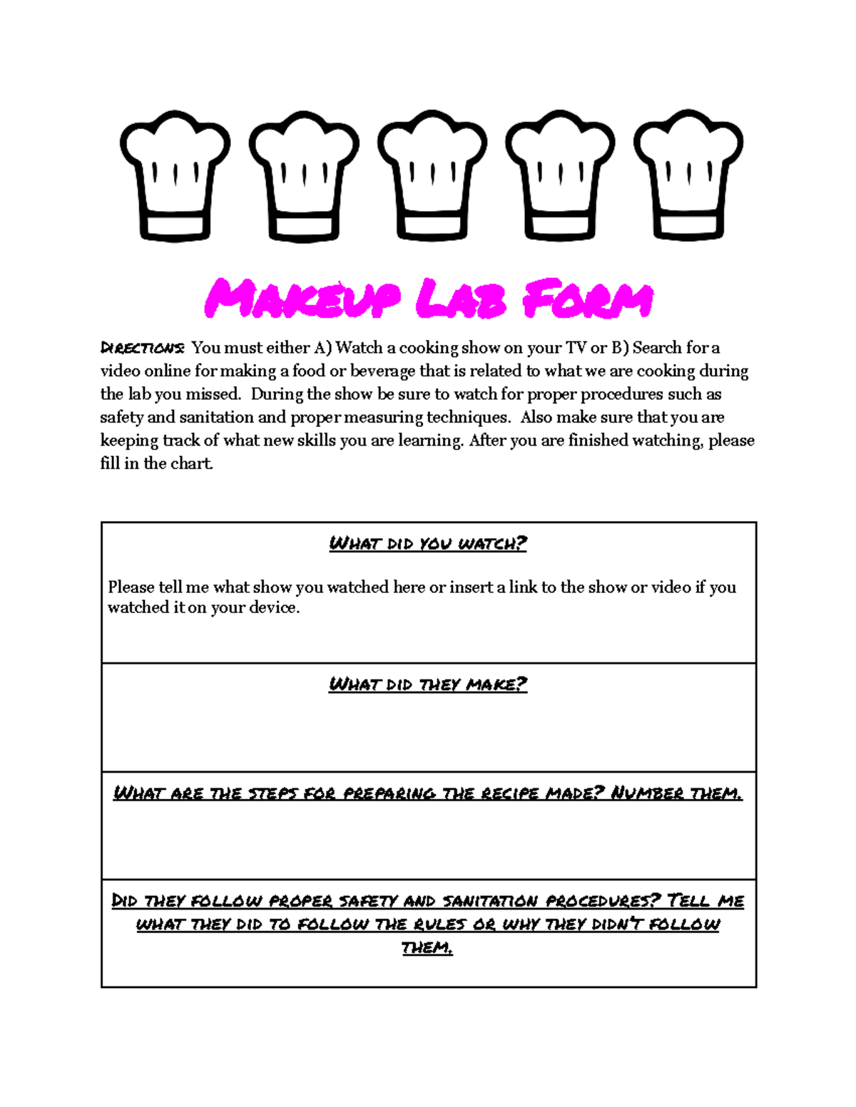 Makeup Cooking Lab Directions: Video Assignment for Skills Review - Studocu