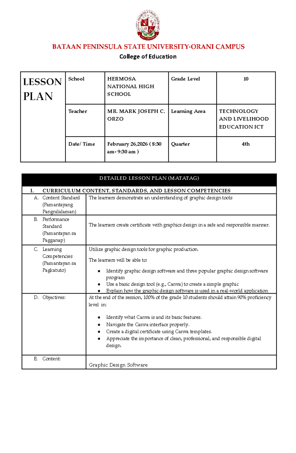 College of Education G10 Detailed Lesson Plan: Graphic Design with ...