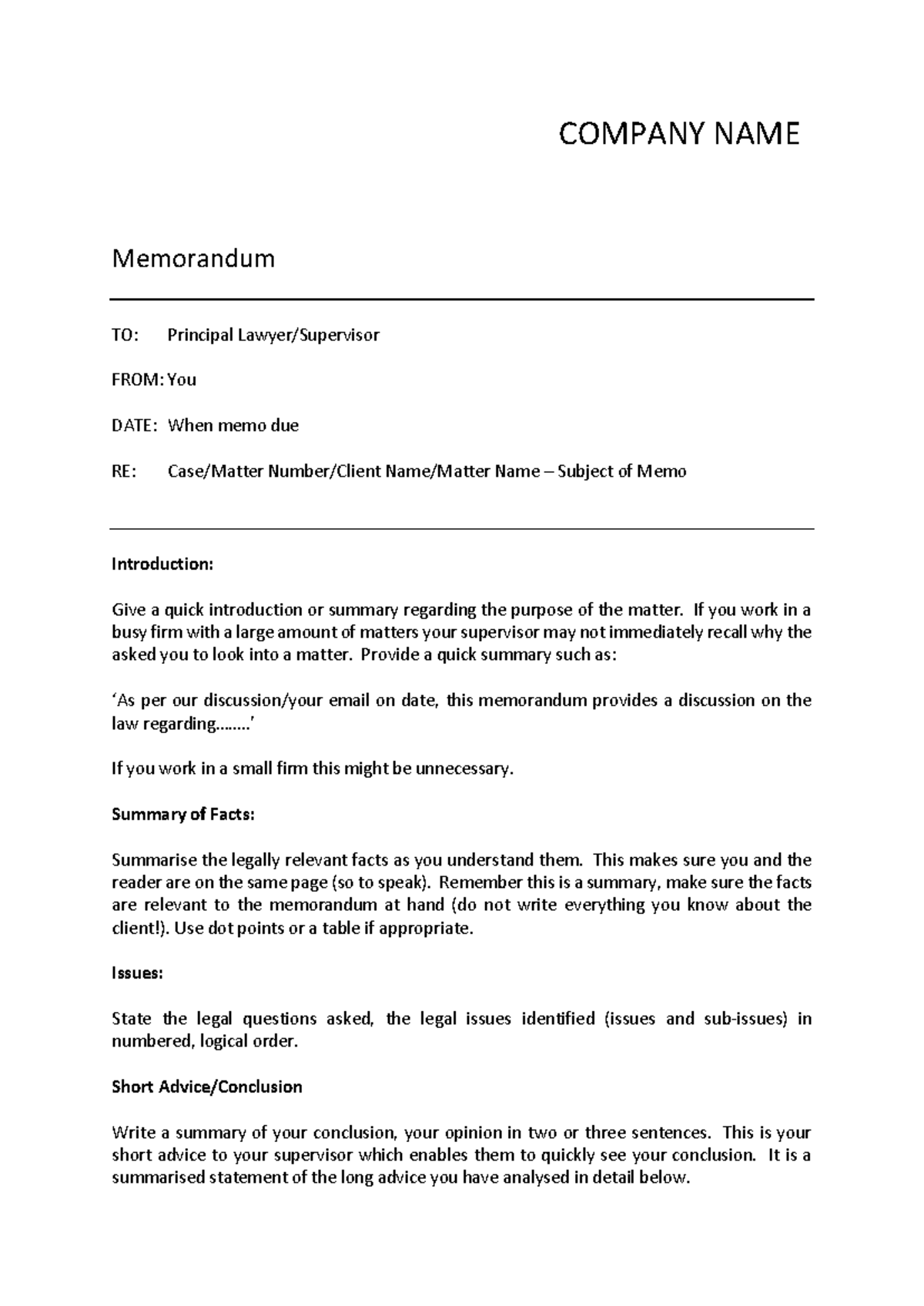 Memo Template for Legal Advice: Structure and Guidelines - Studocu
