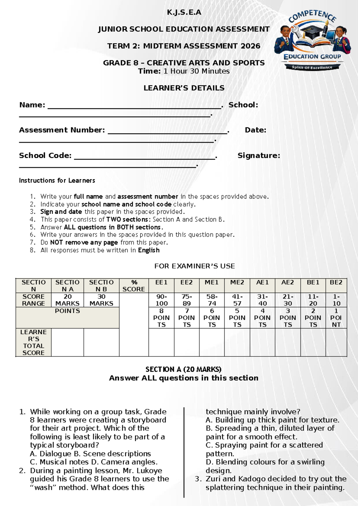 K.J.S.E.A GRADE 8 MIDTERM ASSESSMENT: CREATIVE ARTS & SPORTS 2026 - Studocu