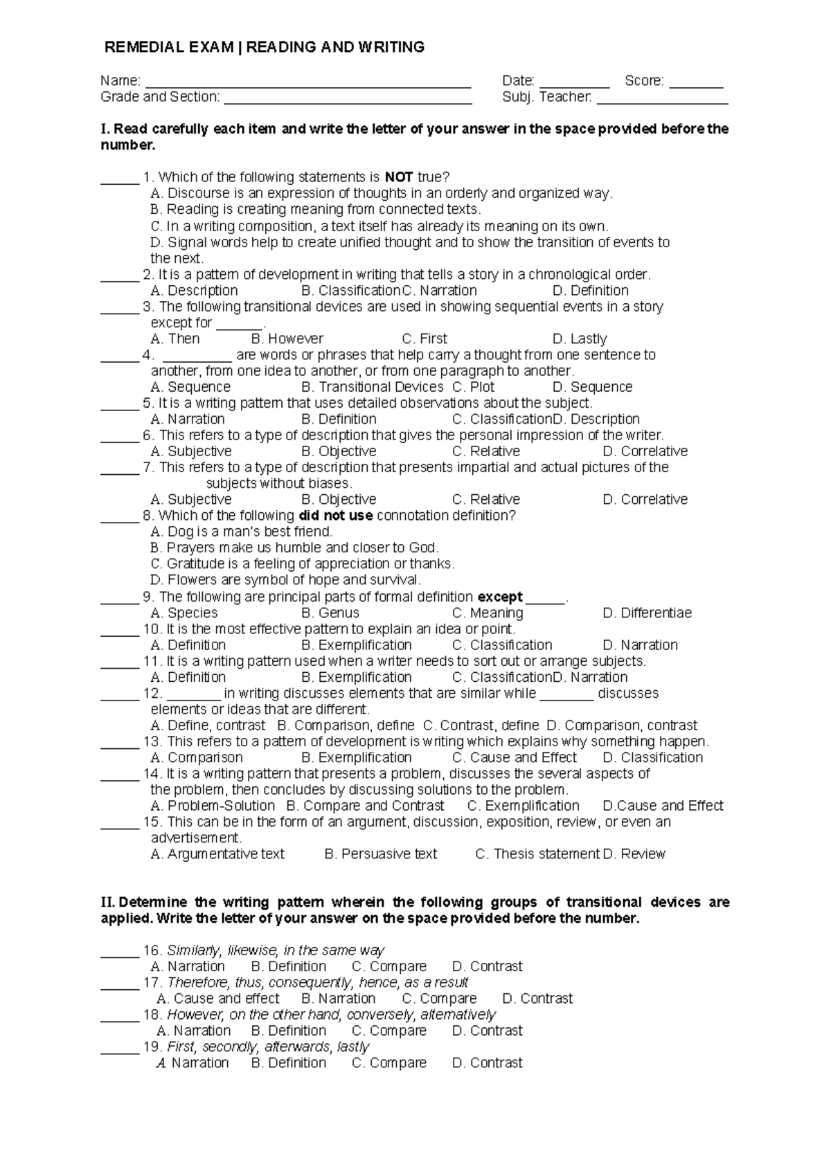 REMEDIAL EXAM READING AND WRITING REVIEW MATERIALS - Studocu