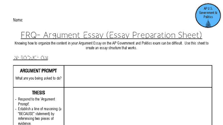 AP U.S. Government Politics: Argument Essay Prep Guide - Studocu