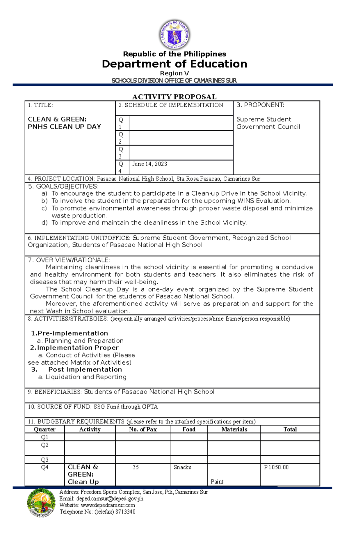 Proposal for PNHS Clean & Green Day Clean-Up Drive - Studocu