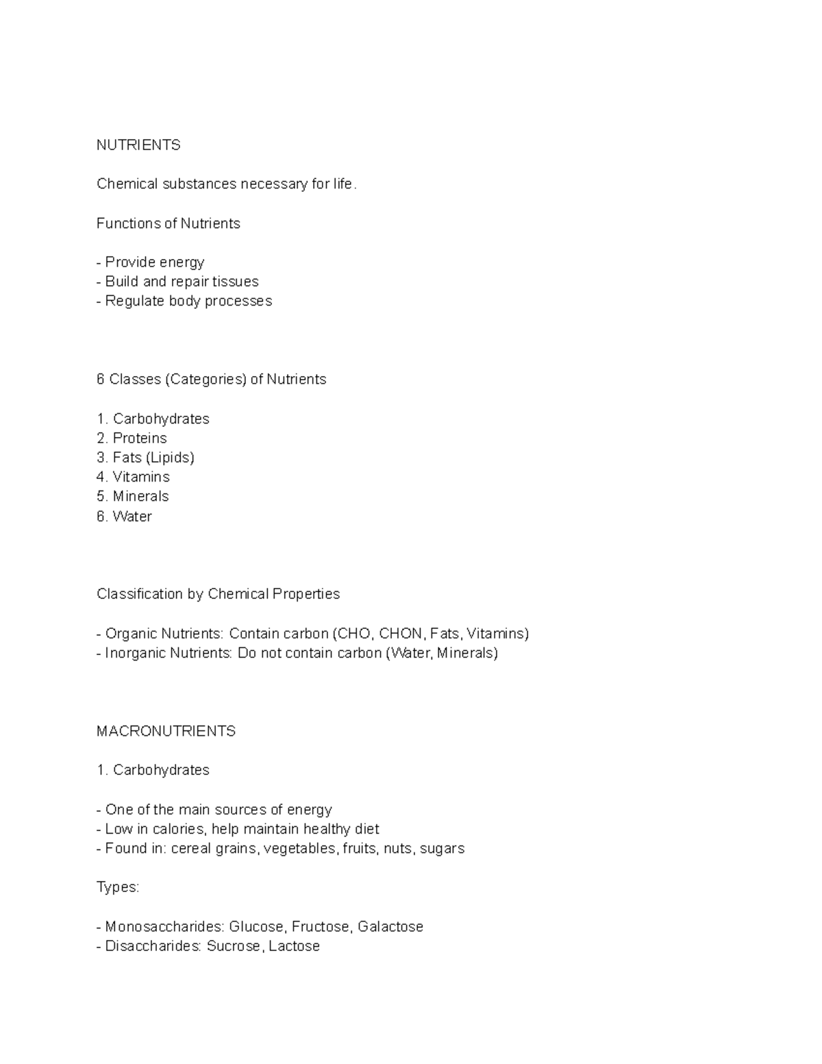 NUTRIENTS: Functions, Classes, and Health Implications (NUTR 101) - Studocu