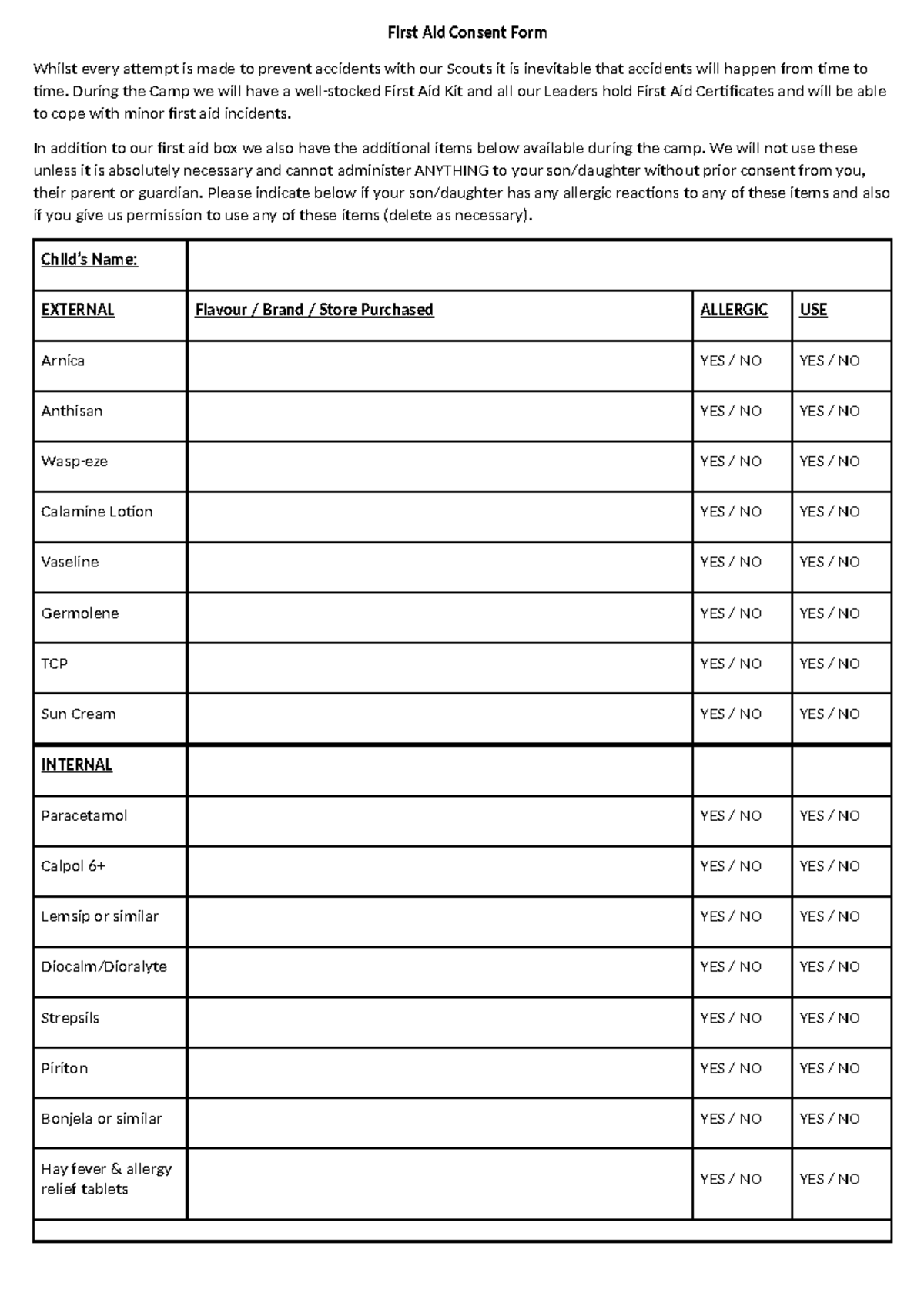 First aid consent form for scout camp activities - Studocu