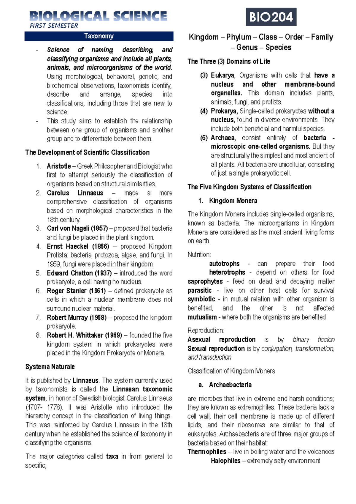 BIO204 FINAL EXAM REVIEWER: Taxonomy, Genetics, and Ecology Insights ...