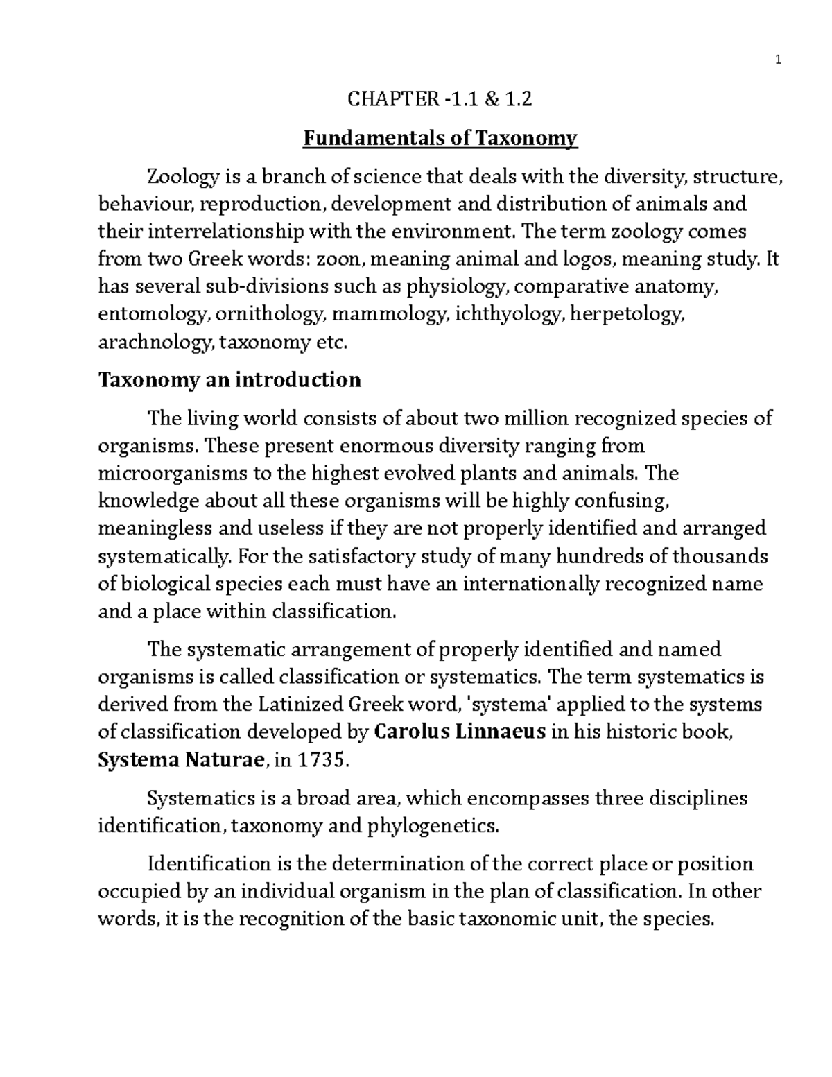 1 ZOO 101: Chapter 1.2 - Fundamentals of Taxonomy in Zoology - Studocu