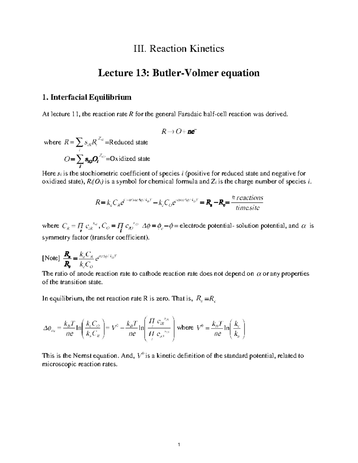 Butler-Volmer Equation - Lecture 13 Overview on Reaction Kinetics - Studocu