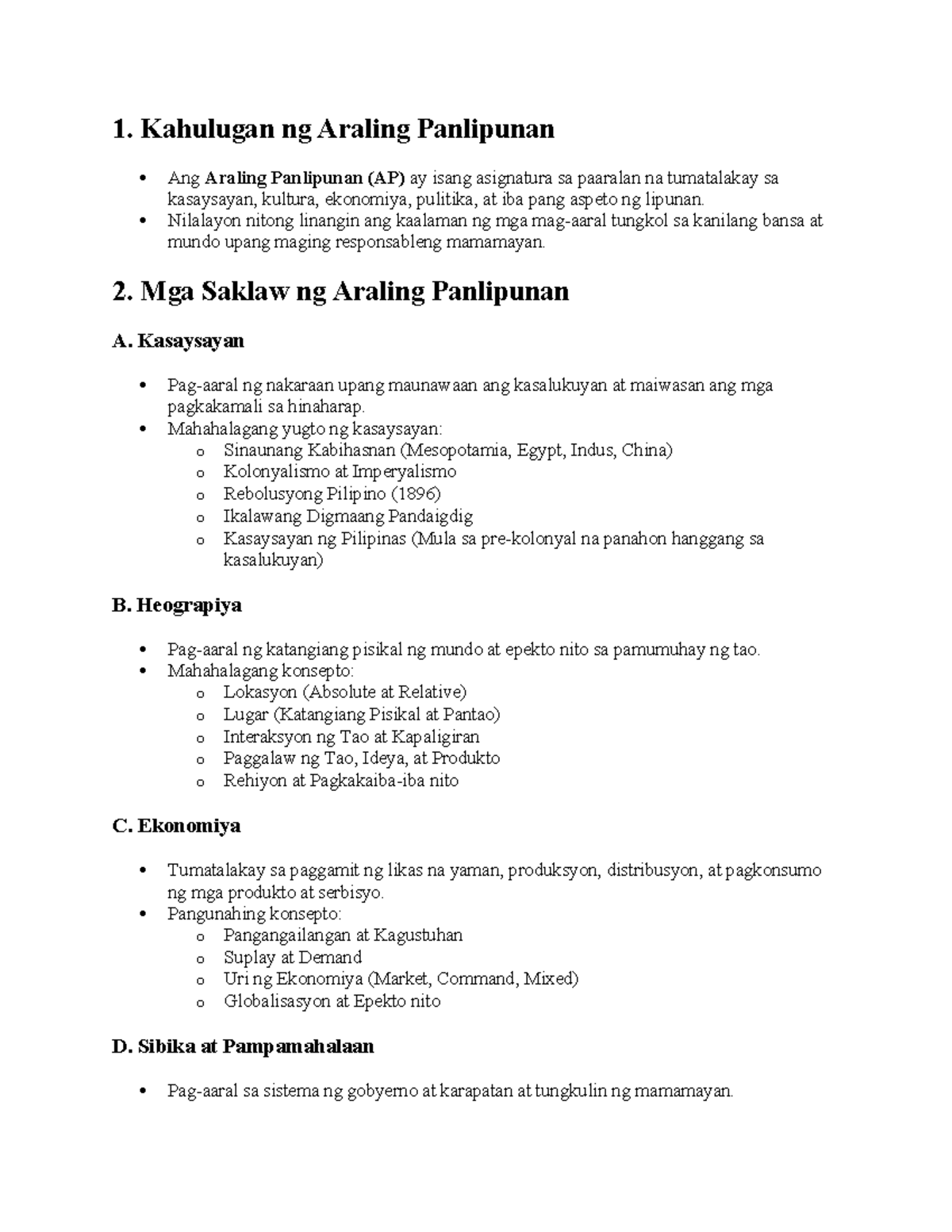 Araling Panlipunan: Mga Konsepto, Kahalagahan, at Hamon sa AP - Studocu