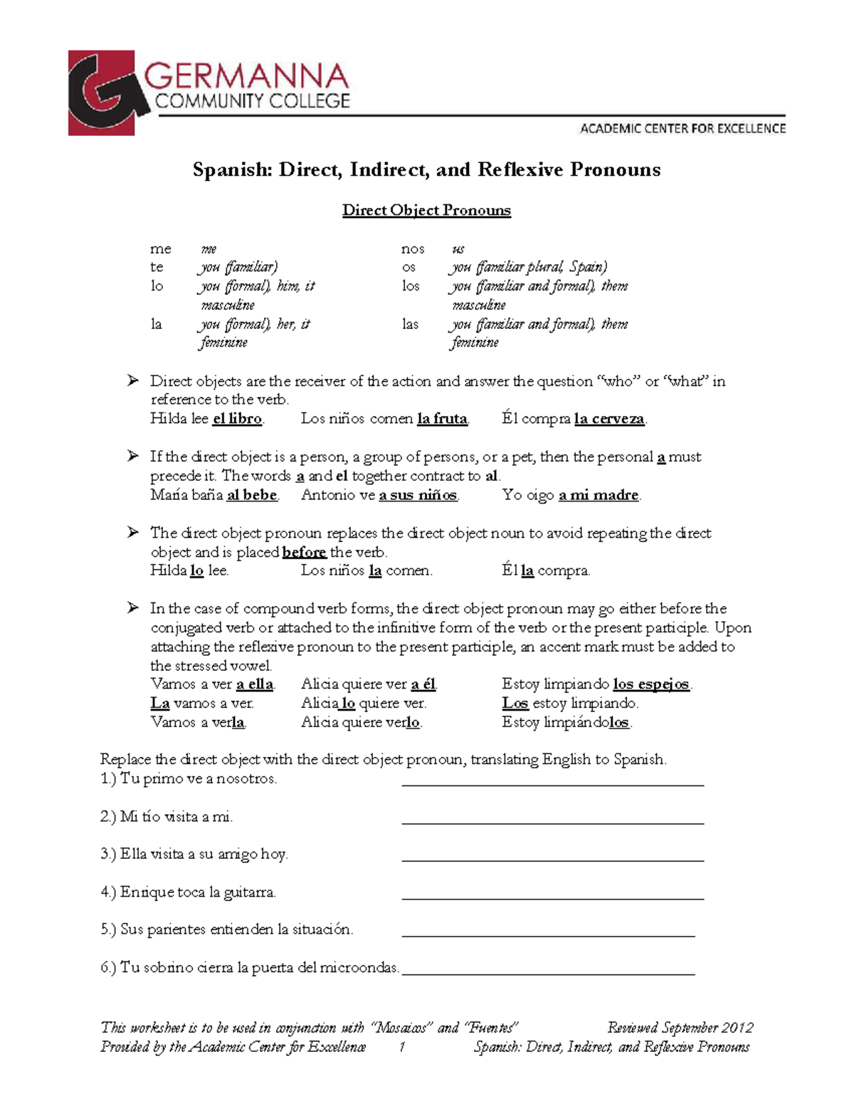 Spanish 101: Direct, Indirect, & Reflexive Pronouns Worksheet - Studocu