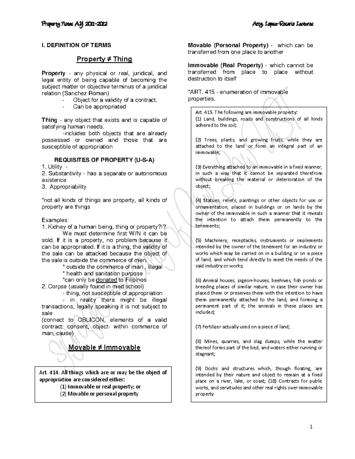 Property Law Notes A.Y. Atty. Lectures: Definitions & Classifications ...
